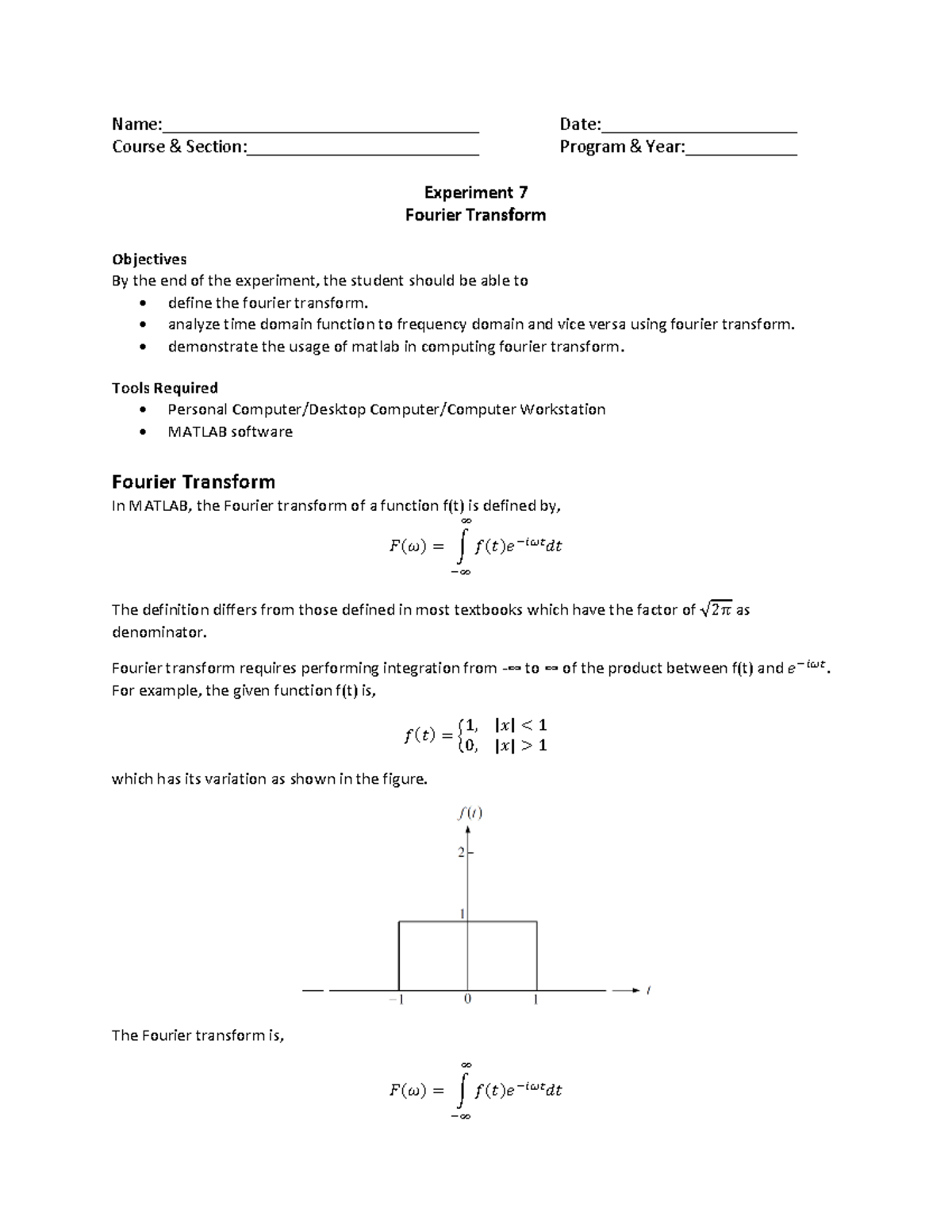 Experiment 7 - Fourier Transform - Name:__________________________________ - Studocu