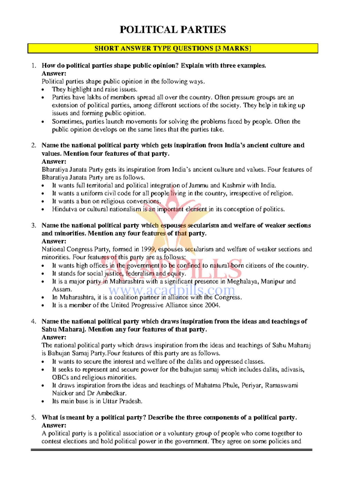 Political party most important questions - POLITICAL PARTIES SHORT ...