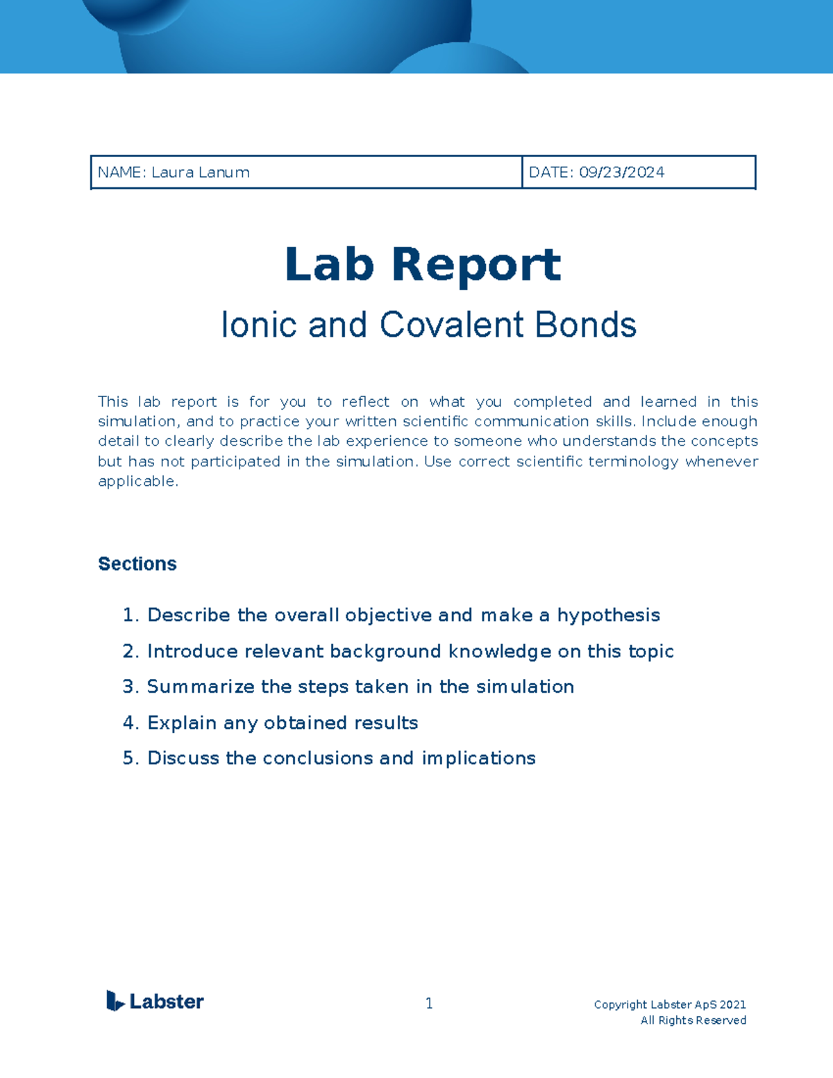 Lab Report Ionic and Covalent Bonds (21) - NAME: Laura Lanum DATE: 09 ...