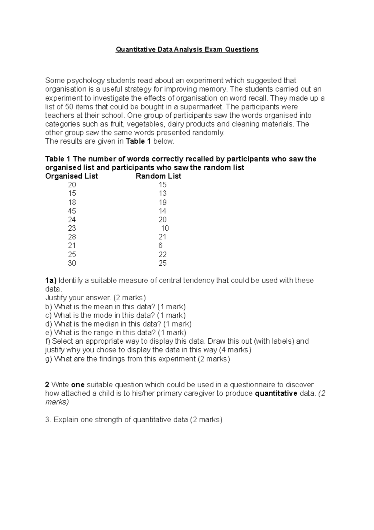 Quantitative Data Analysis Exam Questions - The students carried out an ...