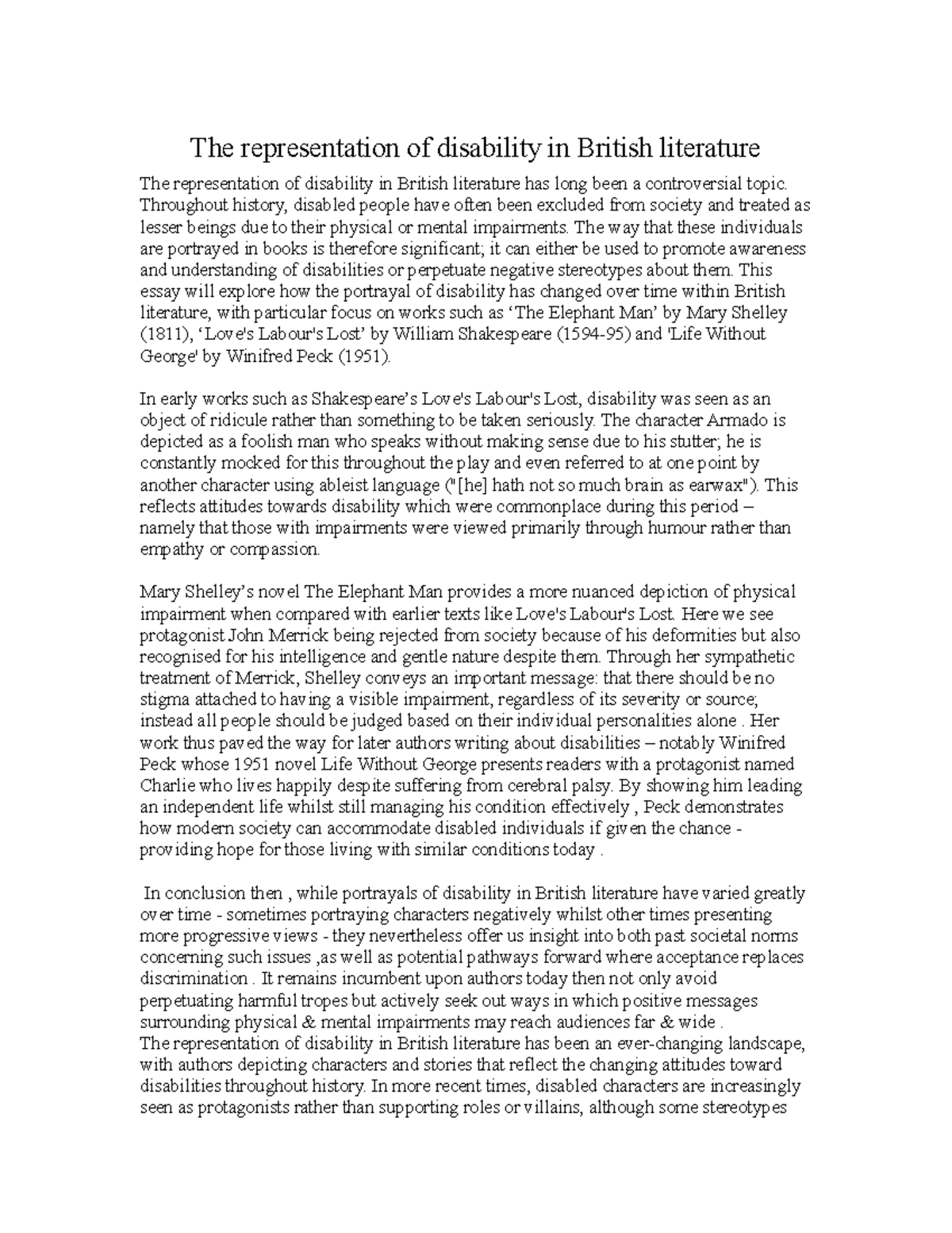 British Literature - Throughout history, disabled people have often ...