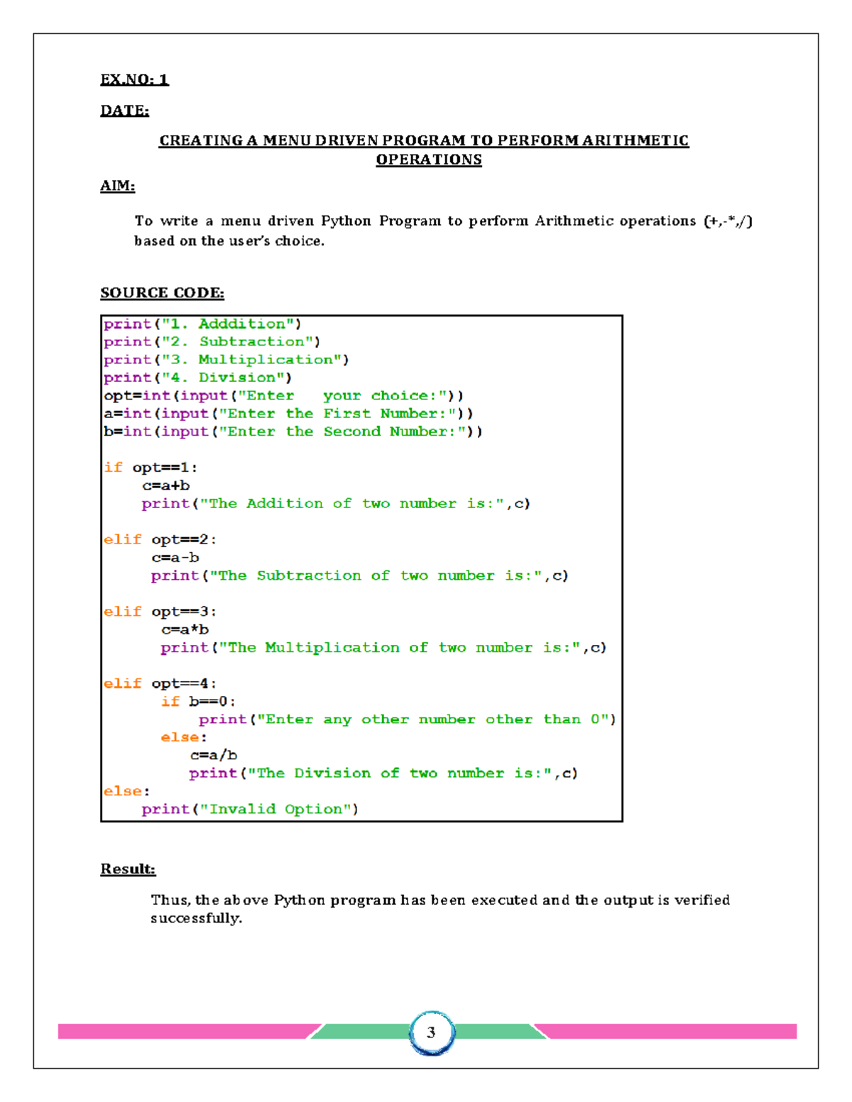 Class 12 CS Practical Programs 2024-2025 - DATE: CREATING A MENU DRIVEN PROGRAM TO PERFORM - Studocu