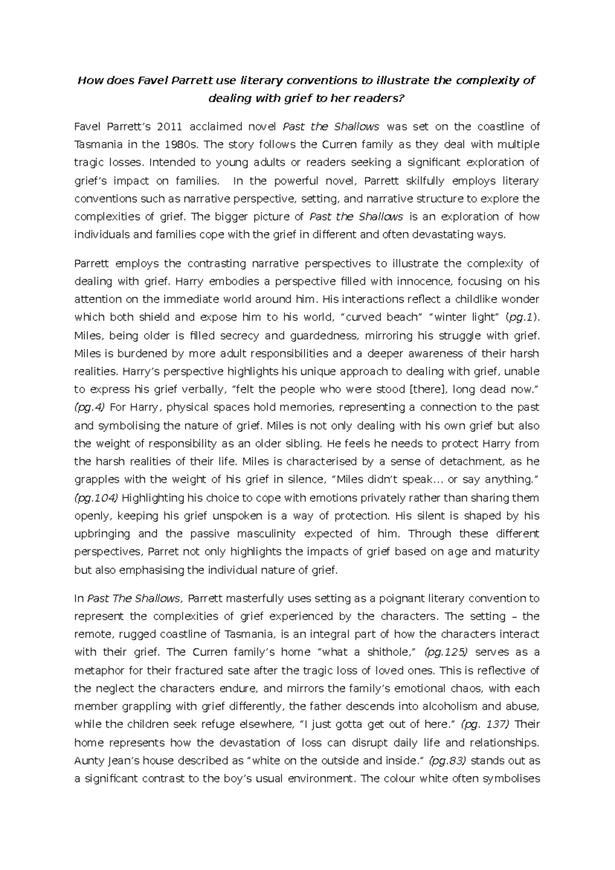 Past the shallows essay - How does Favel Parrett use literary ...