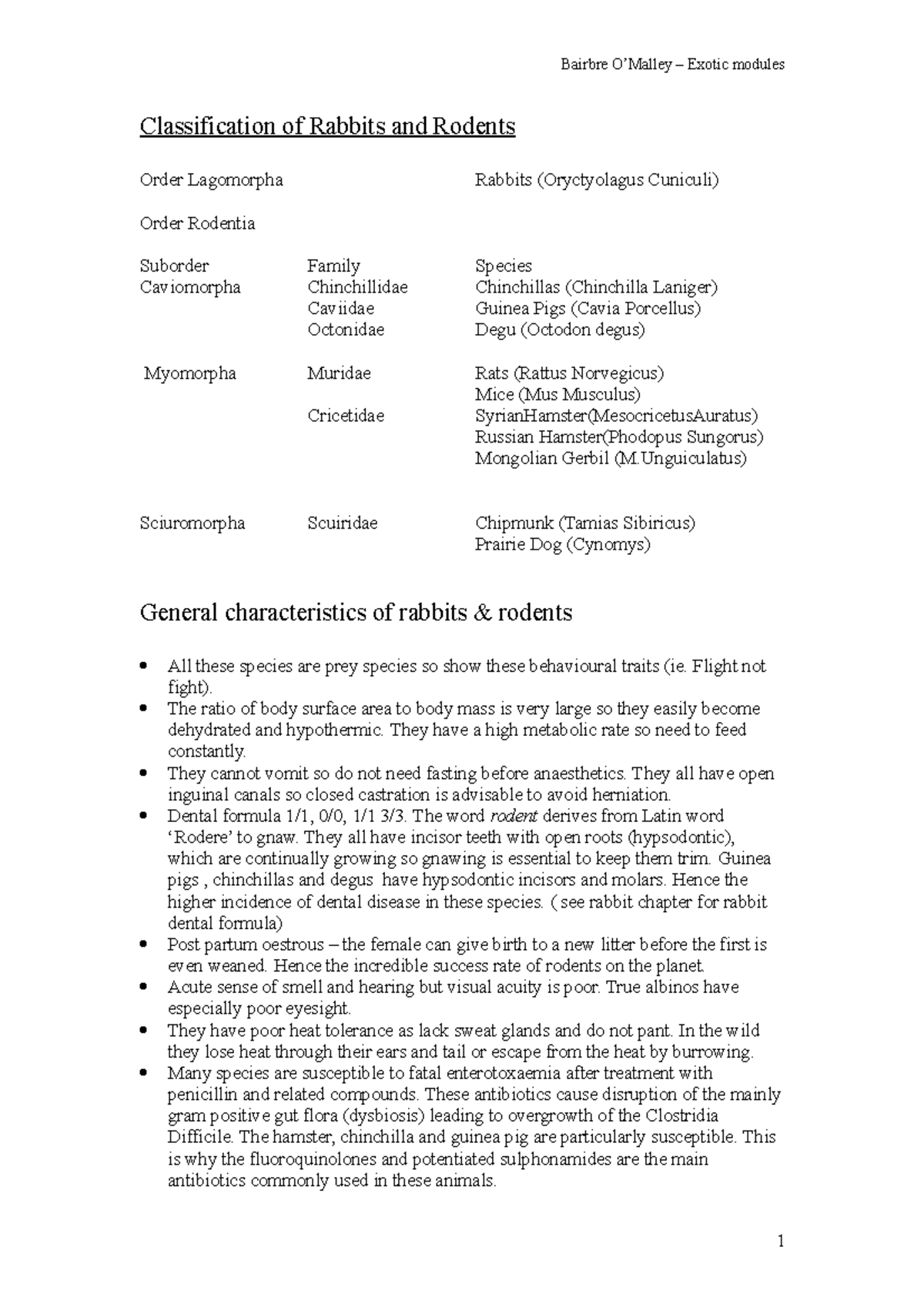 A Small Mammal Introduction & General principles 2019 - Classification ...