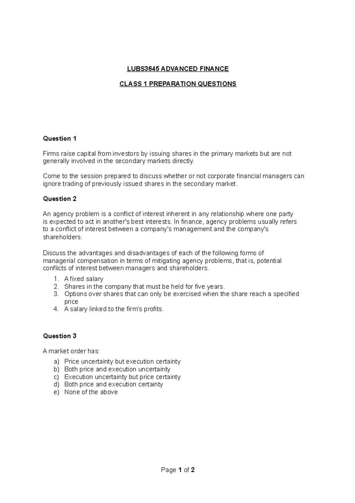 Class 1 Preparation Questions - LUBS3645 ADVANCED FINANCE CLASS 1 ...