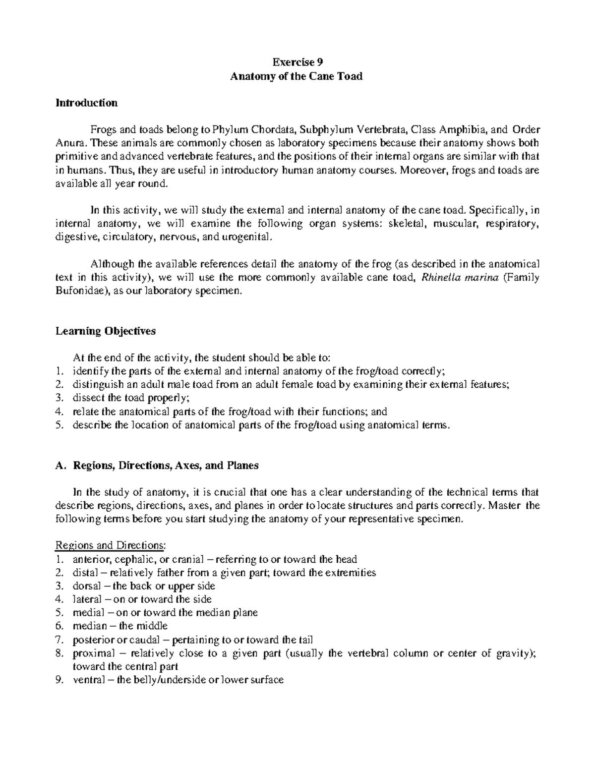 Exercise 9 Anatomy of the Cane Toad - Exercise 9 Anatomy of the Cane ...