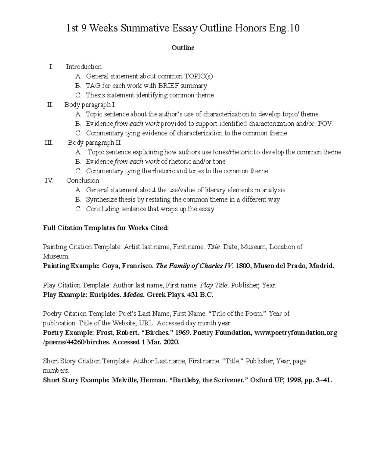 Copy of 1st 9 Weeks Synthesis Essay Outline & Sentence Starters Honors ...