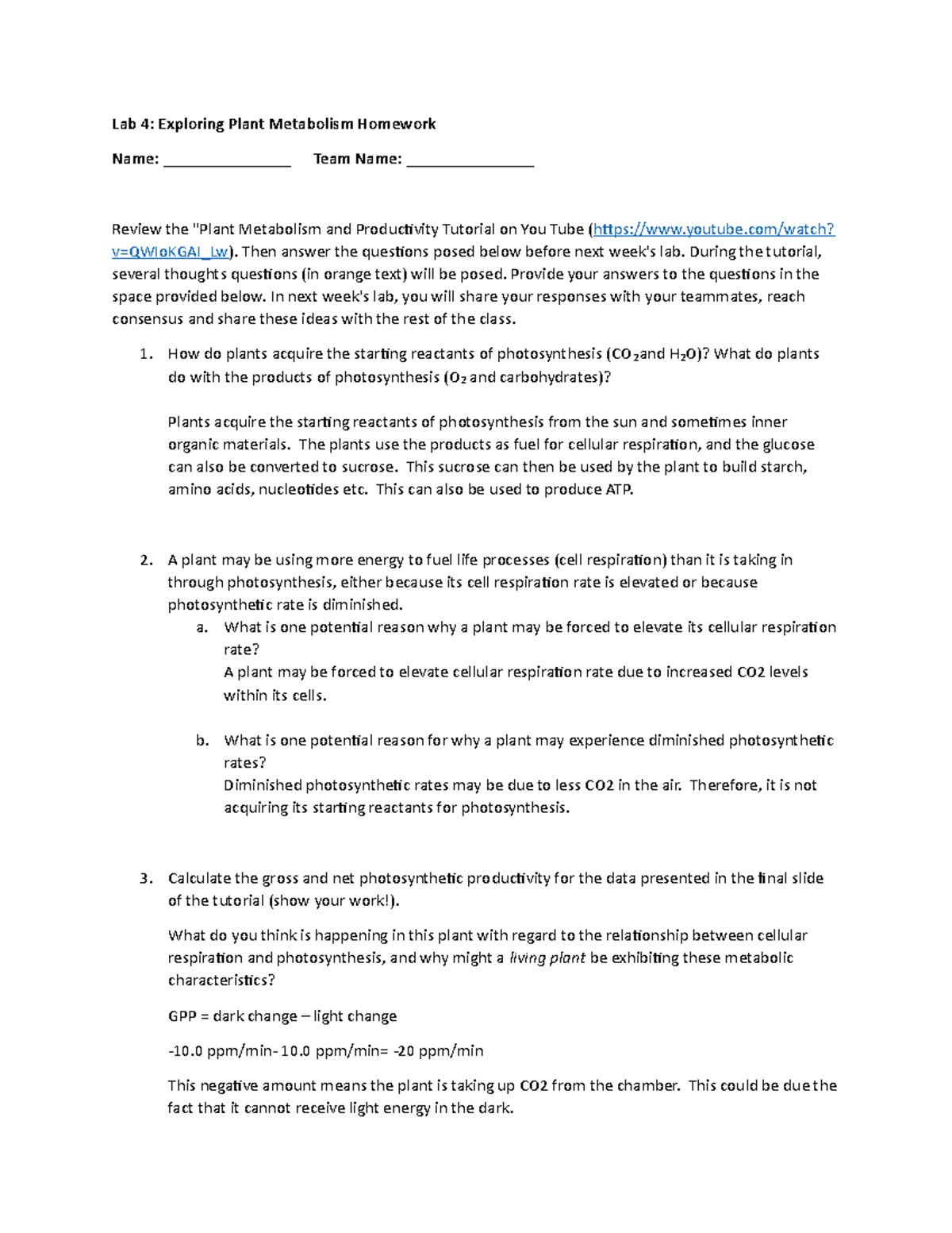 Lab 4 Exploring Plant Metabolism Homework - Lab 4: Exploring Plant ...
