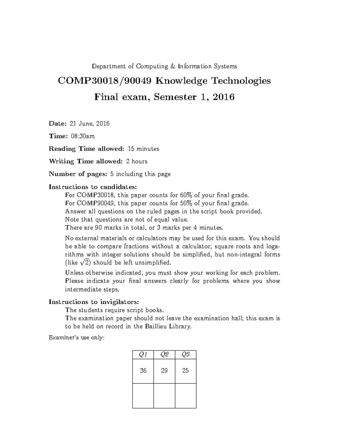 Exam 2016, questions - Department of Computing Information Systems ...