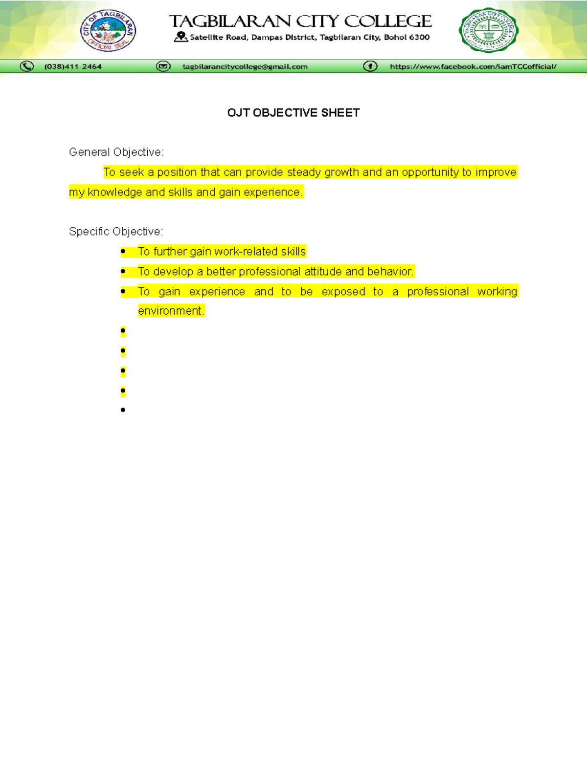 OJT- Objective- Sheet - Bachelor in Technical Voational sfor Teacher's ...