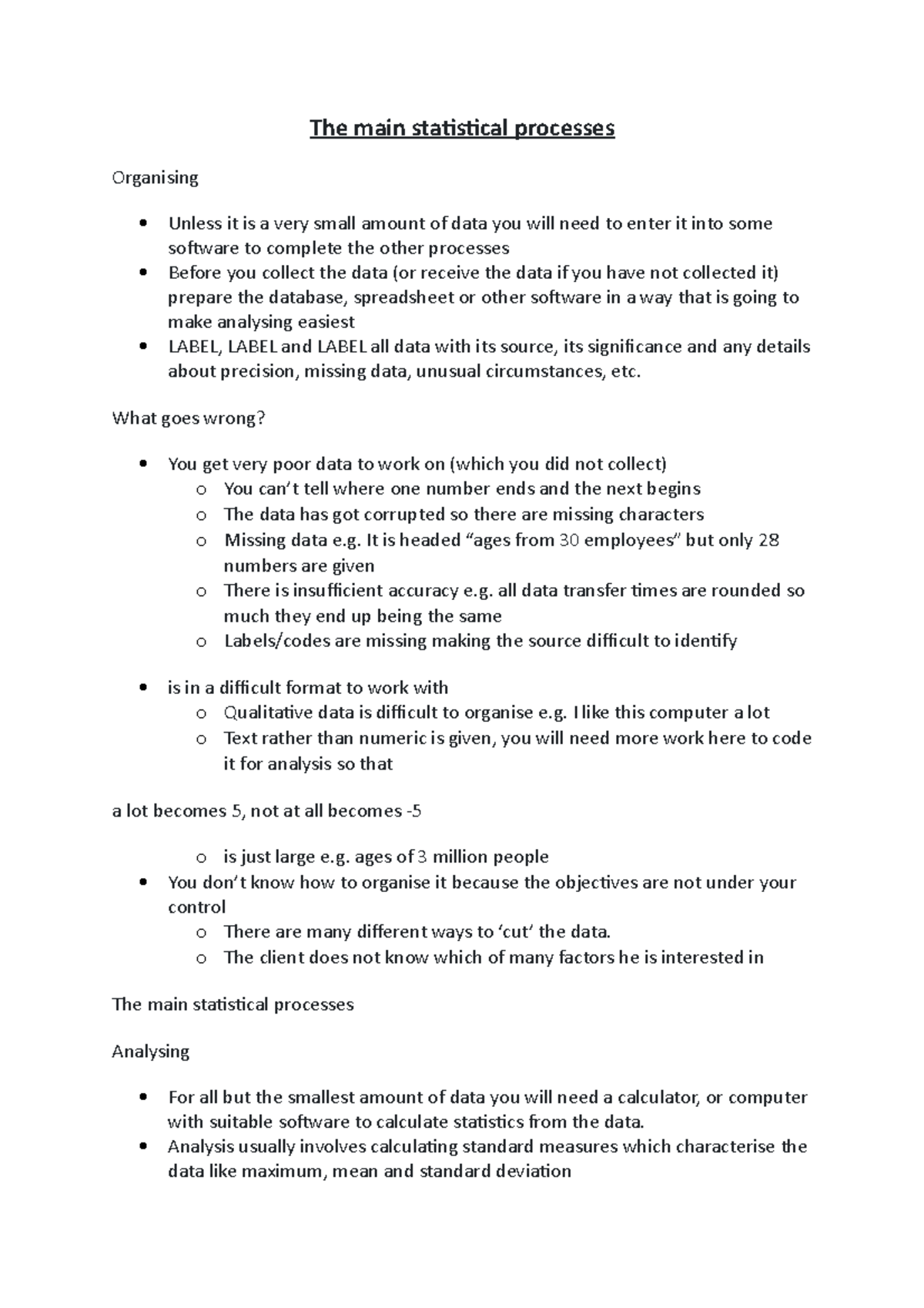Statistical processes - The main statistical processes Organising ...