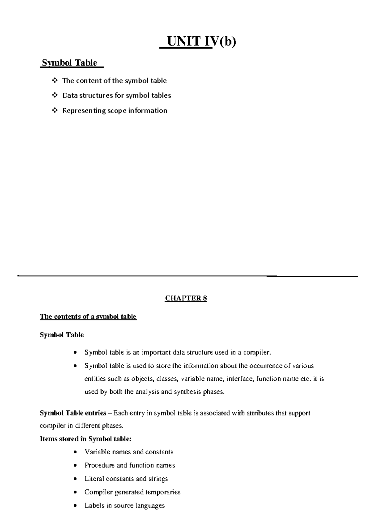 CD UNIT 4b - CD UNIT 4b - The content of the symbol table Data structures for symbol tables ...