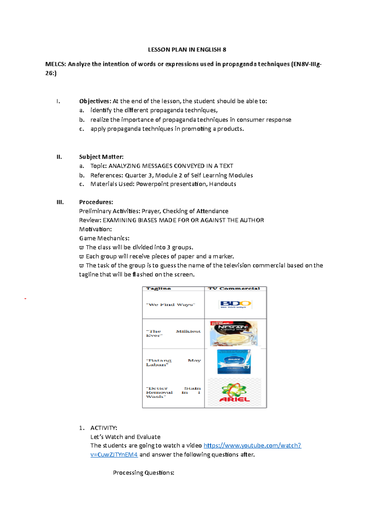 Lesson PLAN IN English 2ND - LESSON PLAN IN ENGLISH 8 MELCS: Analyze ...