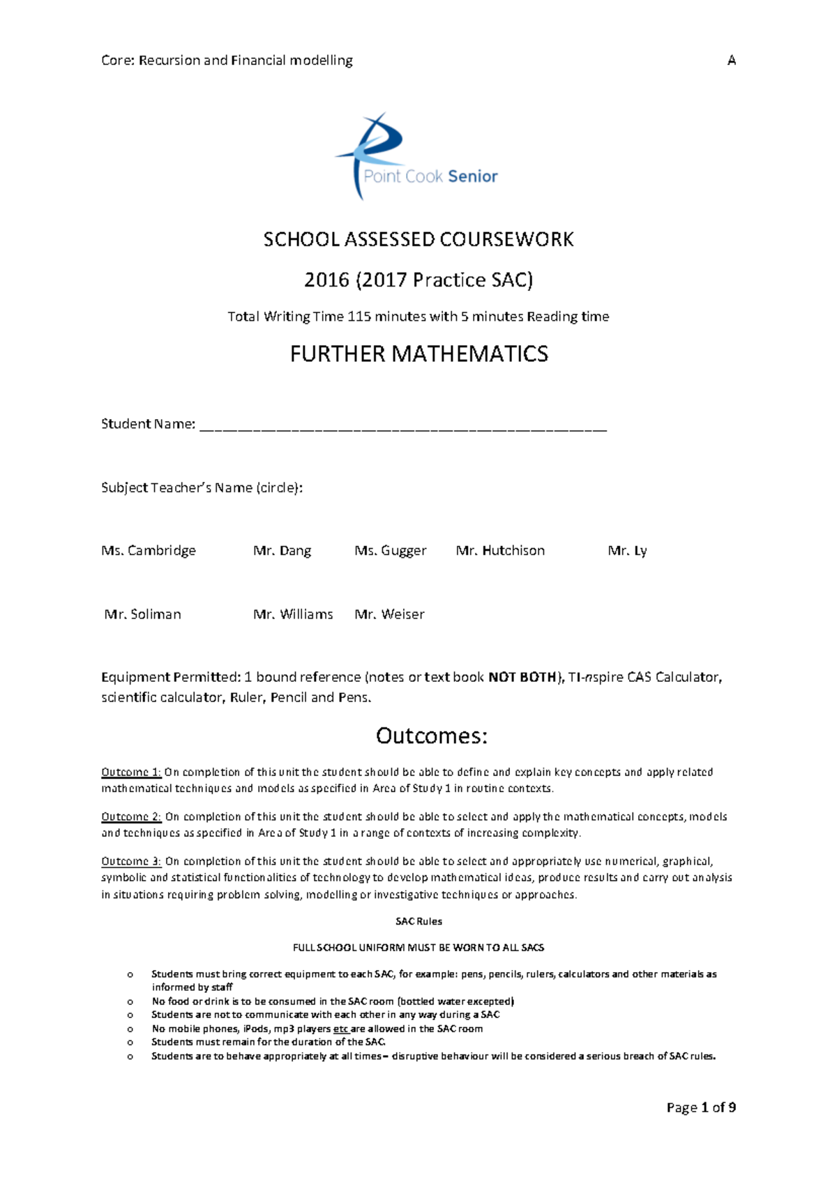 Recursion financial modelling practice sac a - SCHOOL ASSESSED ...