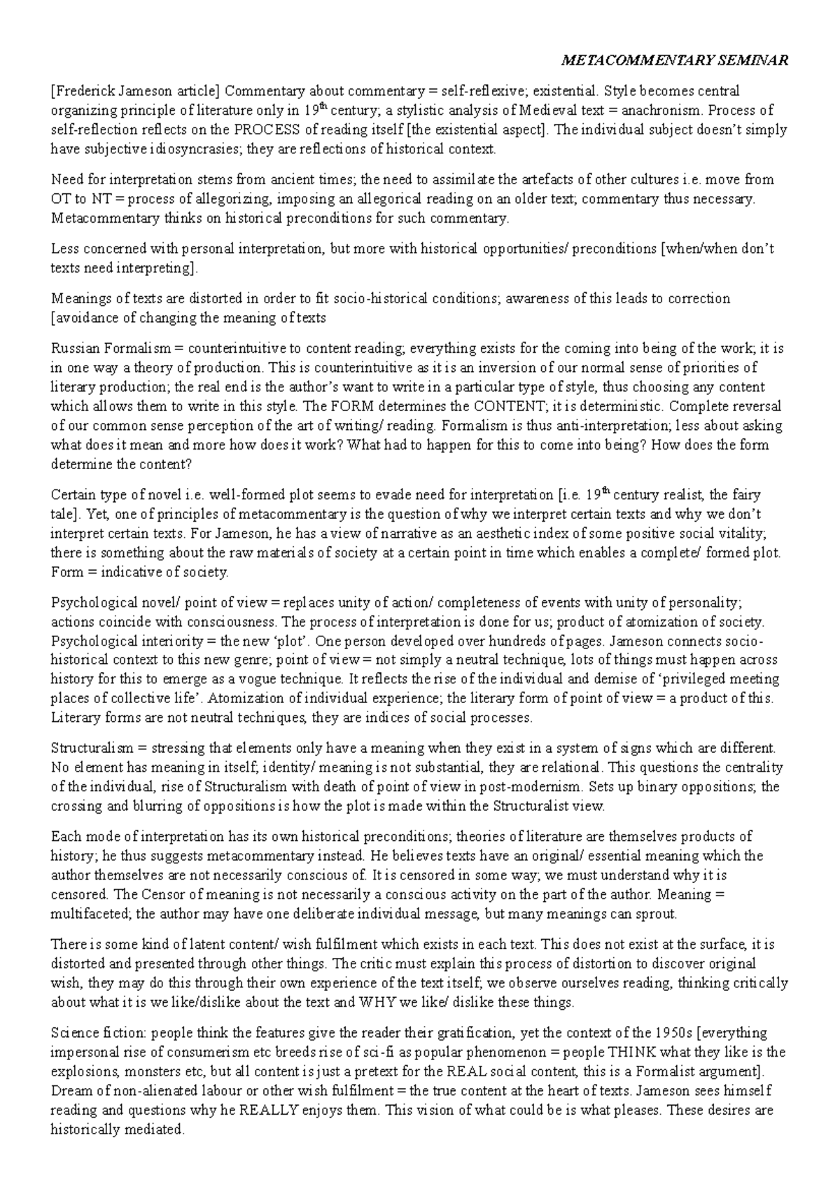 Metacommentary Seminar - METACOMMENTARY SEMINAR [Frederick Jameson ...