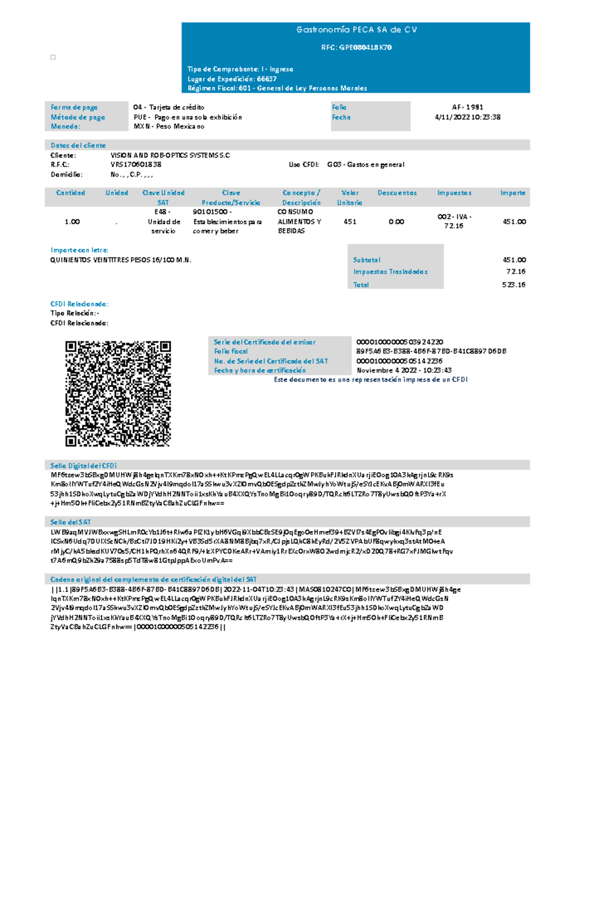 Food Invoice 11 - asdfsf - Gastronomía PECA SA de CV RFC: GPE080418K ...
