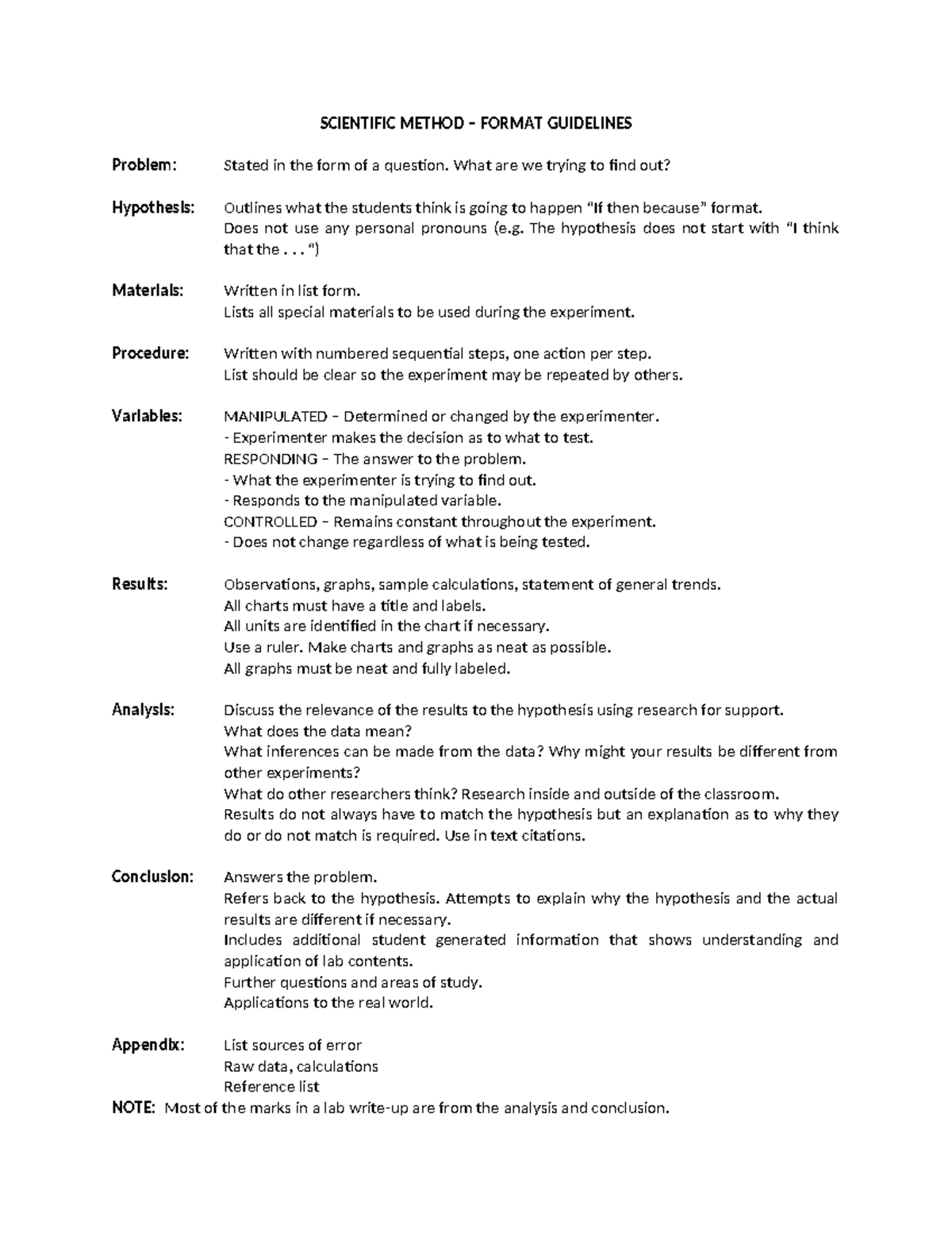 Scientific Method Format 2 - SCIENTIFIC METHOD – FORMAT GUIDELINES Problem: Stated in the form ...