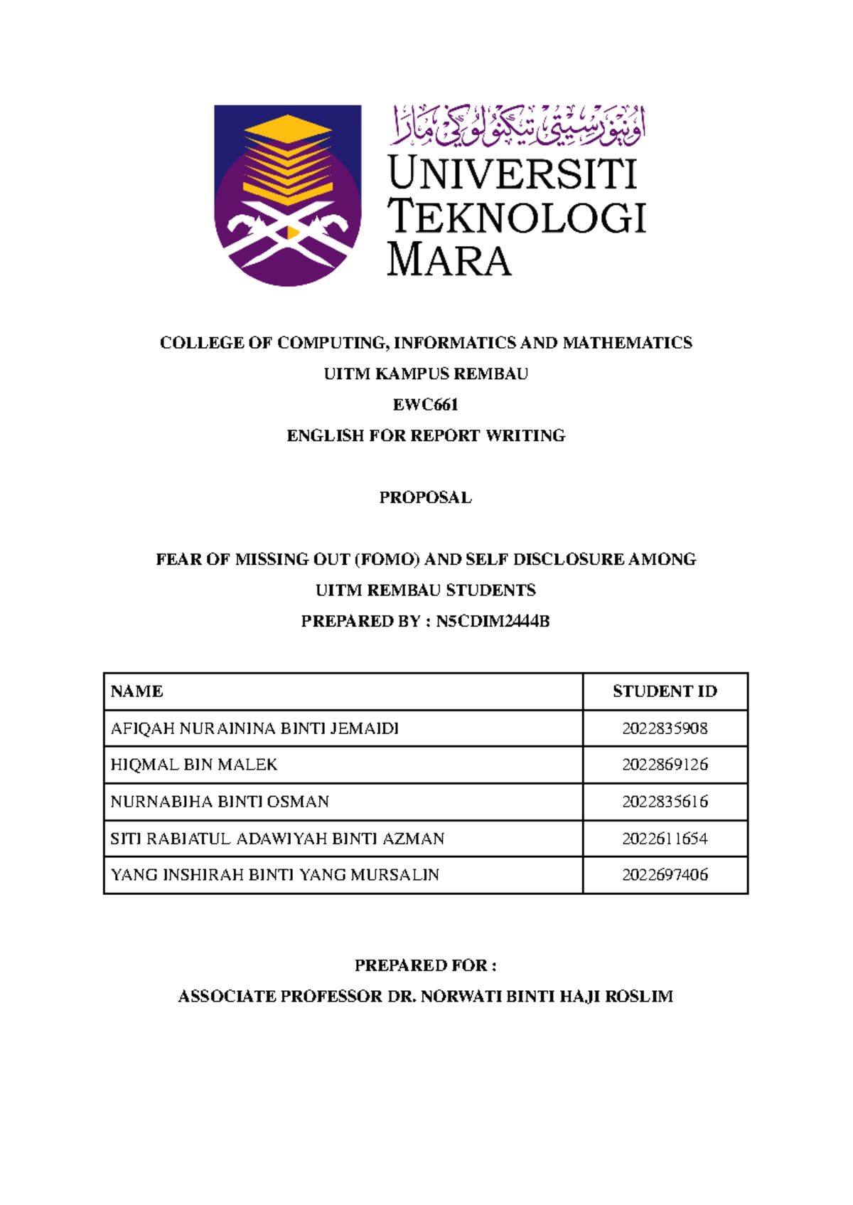 EWC661 Proposal - COLLEGE OF COMPUTING, INFORMATICS AND MATHEMATICS ...