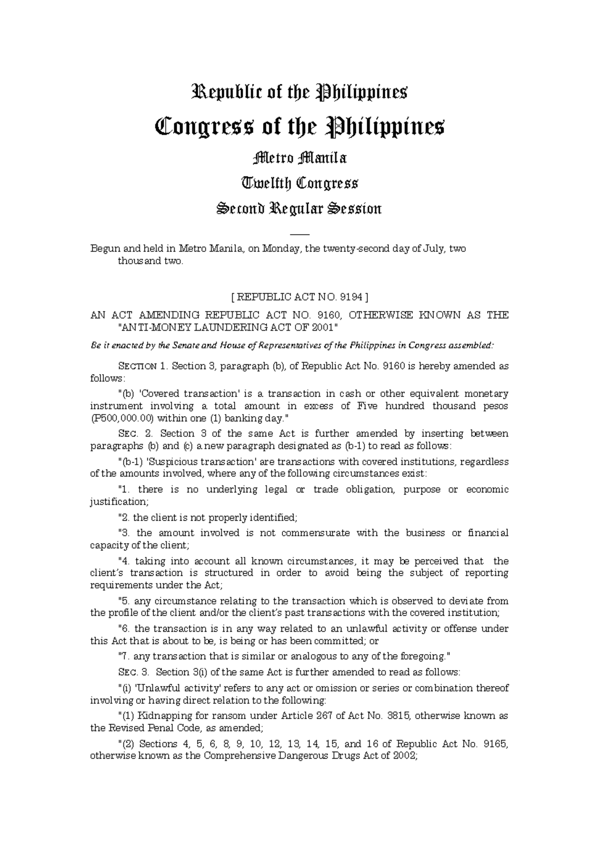 AMLAamendedby RA 9194a - Republic of the Philippines Congress of the ...