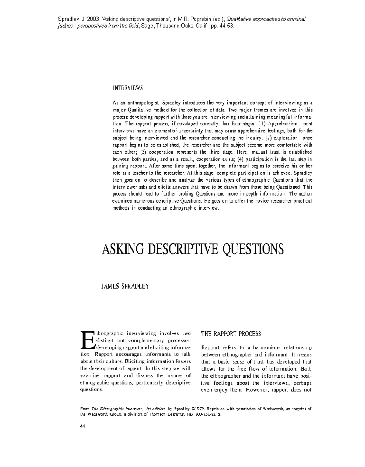 Asking descriptive questions - Spradley, J. 2003, 'Asking descriptive ...