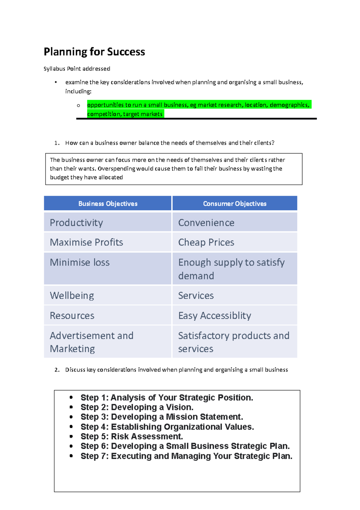 Planning for Success- worksheet - Planning for Success Syllabus Point ...