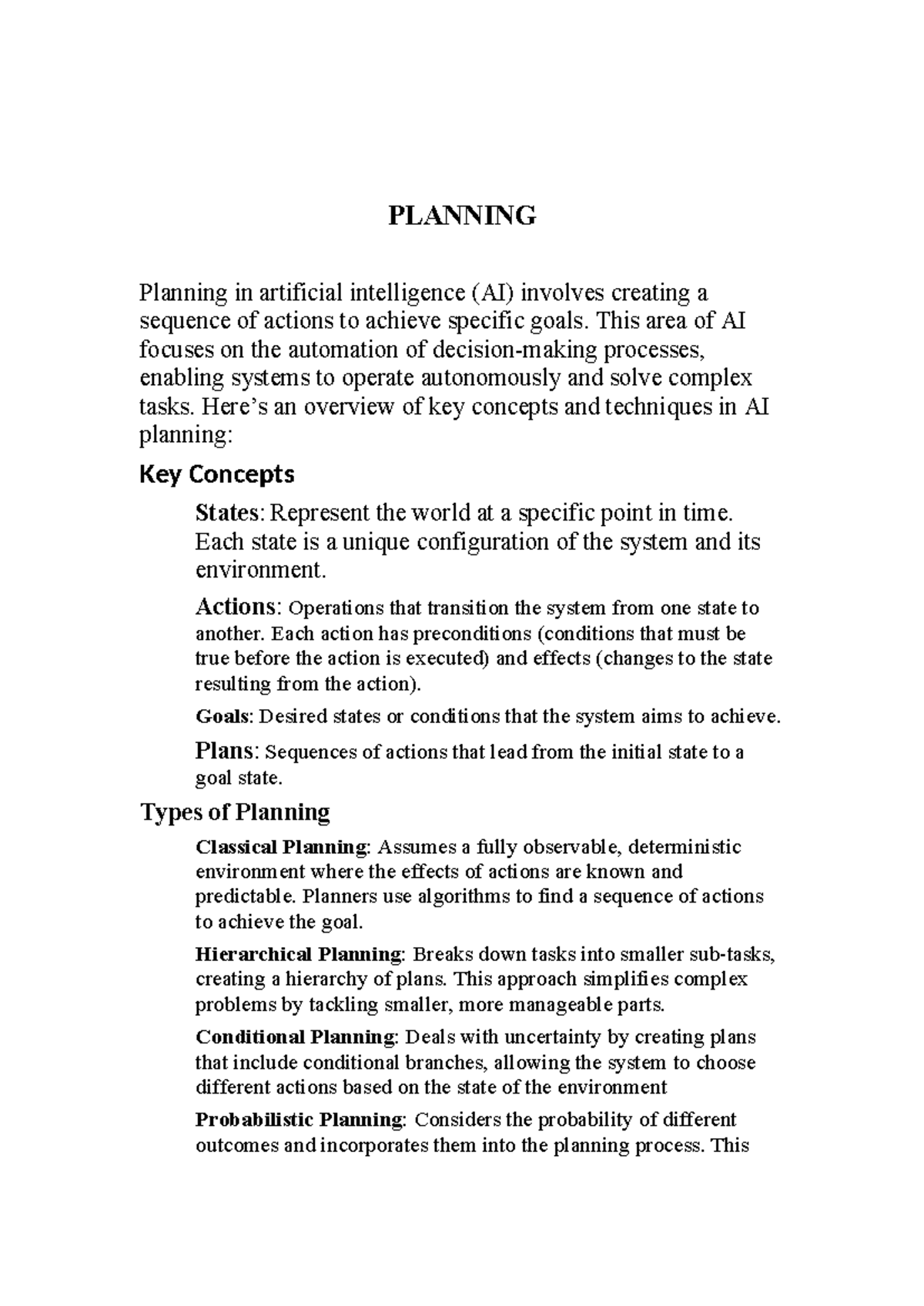 AI Planning IV UNIT - It is very good - PLANNING Planning in artificial ...