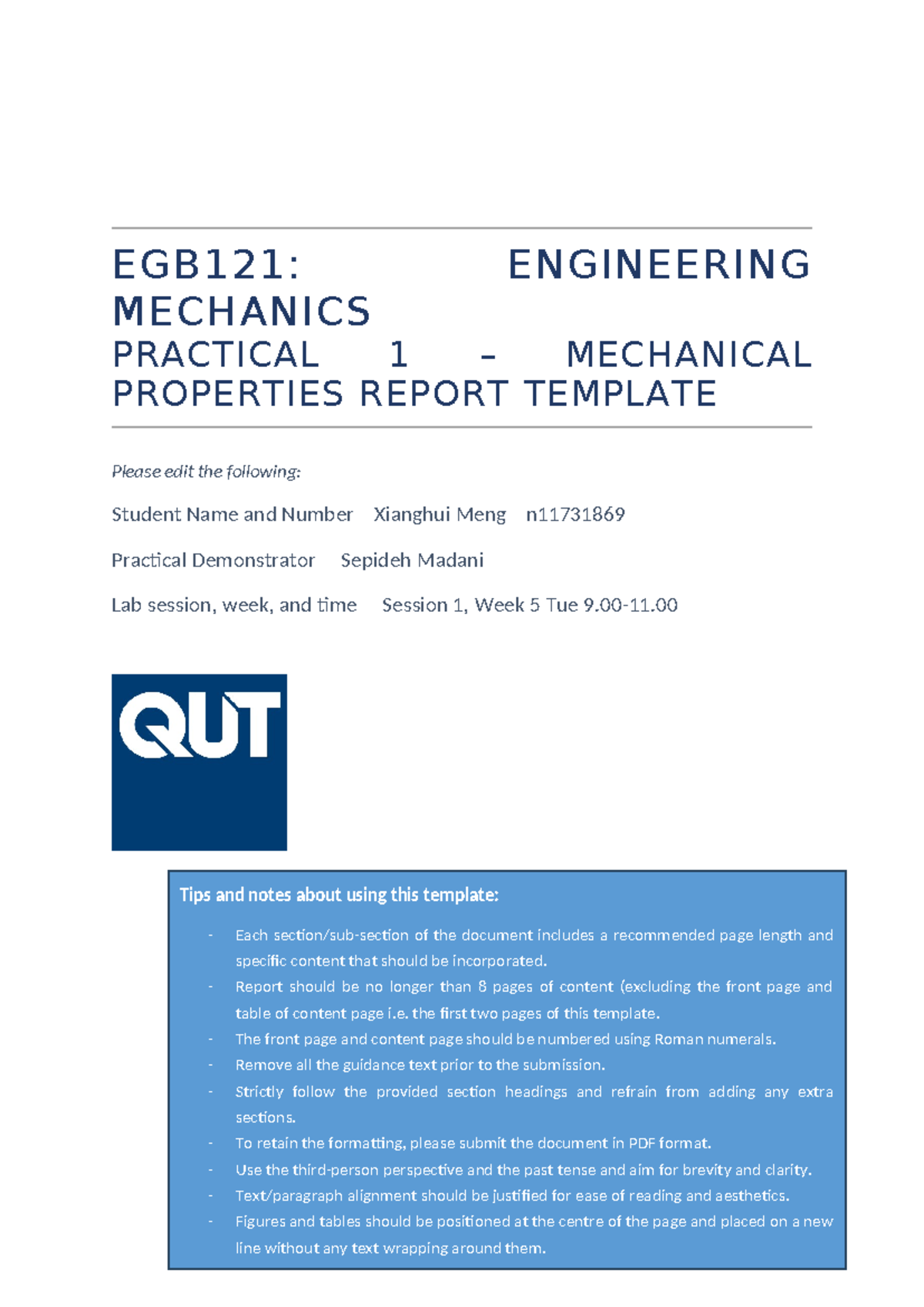 EGB121 Practical 1 Report Template-1-2 - EGB121: ENGINEERING MECHANICS ...