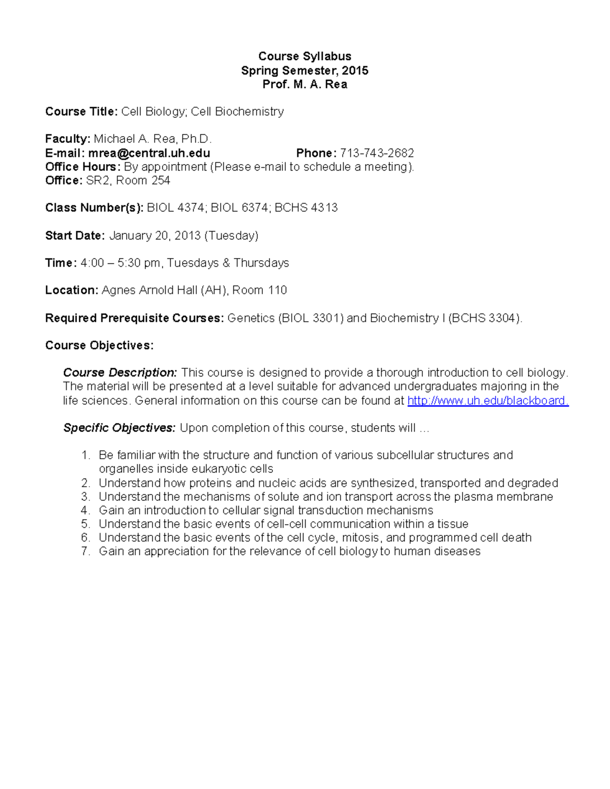 2015 Cell Biology class syllabus semester - Course Syllabus Spring ...