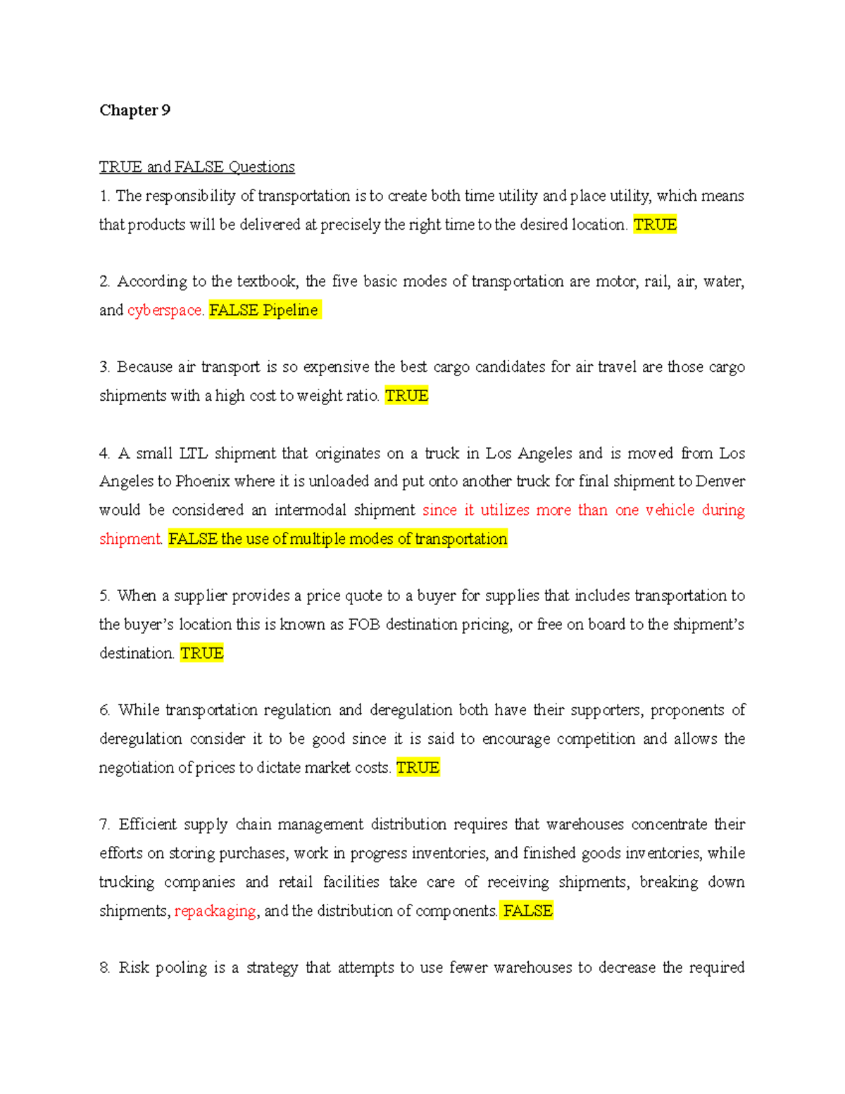 SCM Tutorial 9 - true/false, objective and essay questions - Supply ...