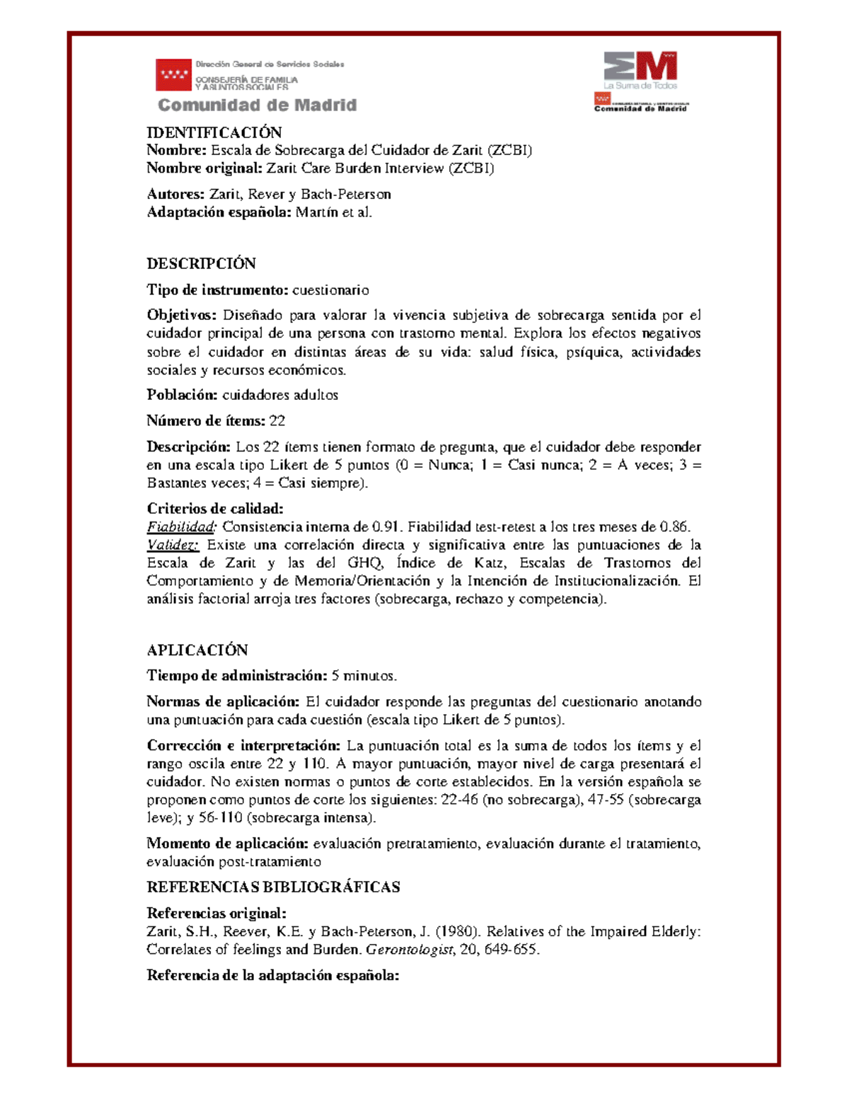 Escala de sobrecarga del cuidador de Zarit Ficha Tecnica ...