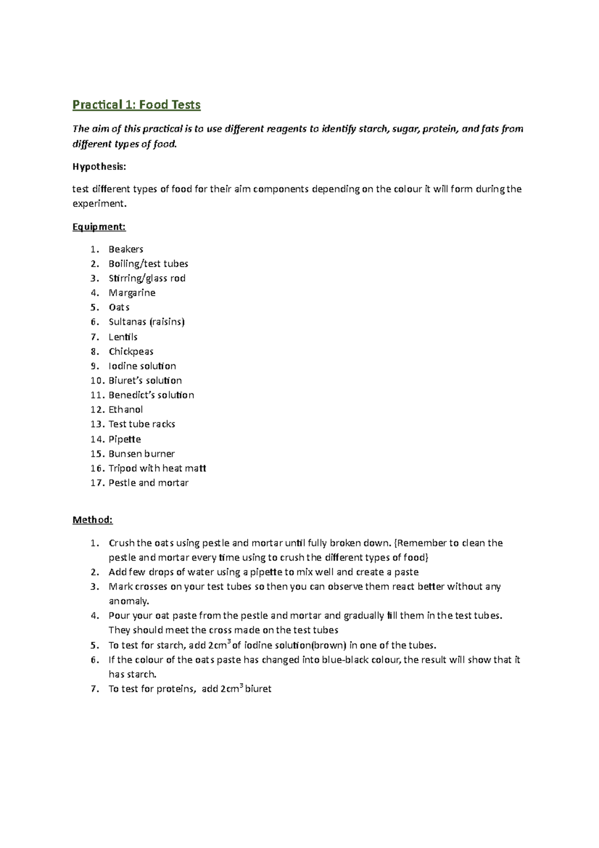 Document 5 - Practical 1: Food Tests The aim of this practical is to ...