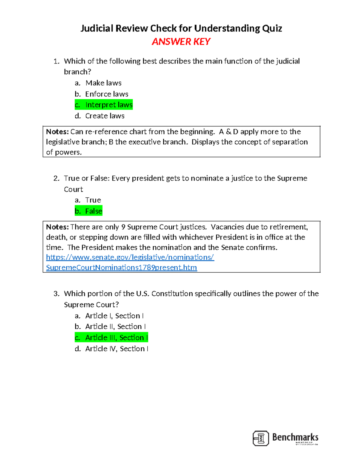 Judicial Review Quiz KEY - Judicial Review Check for Understanding Quiz ...