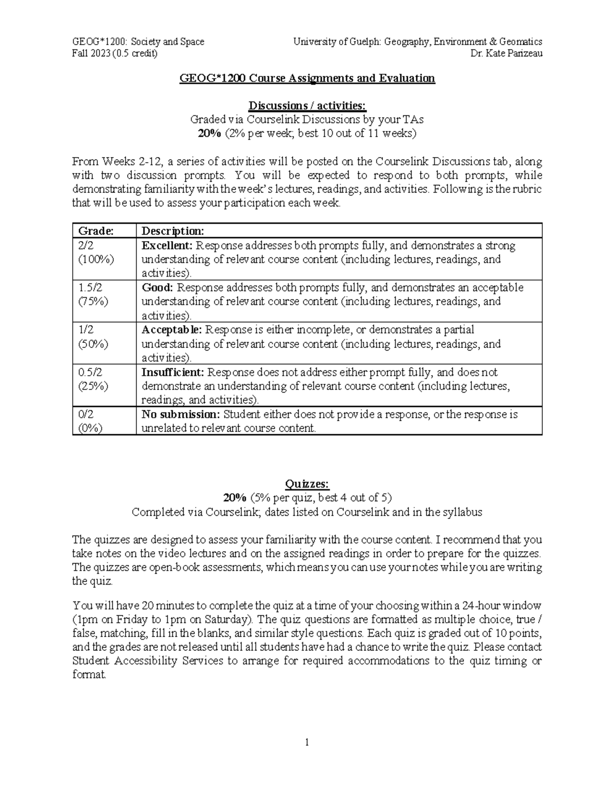 GEOG 1200 - Course Assignments and Evaluation (2023) - Fall 2023 (0 ...