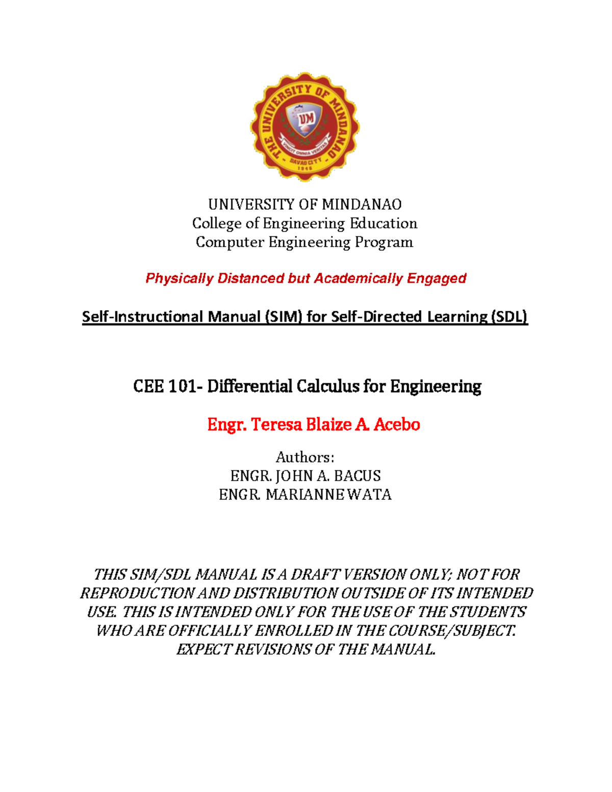 CEE 101 SIM - review notes for examination - CEE 101 - Differential ...