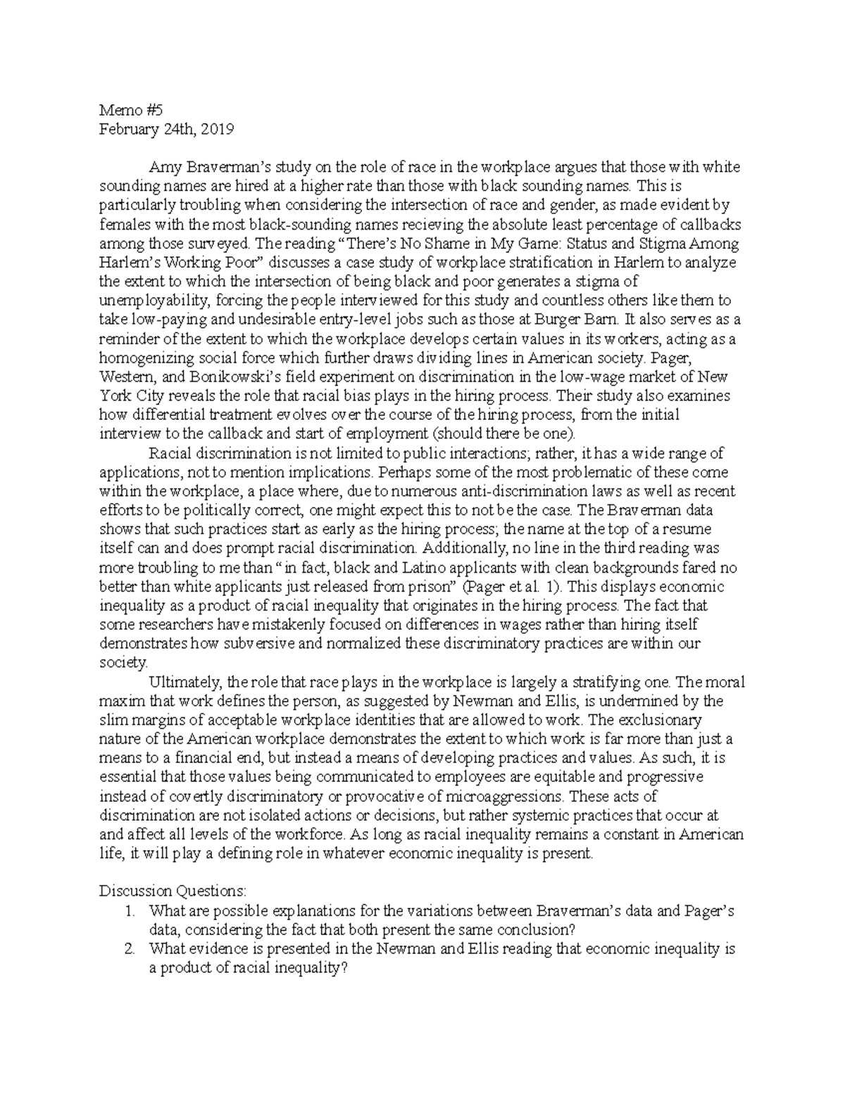 Week 7 Memo - Summary and analysis of readings - Memo # February 24th ...