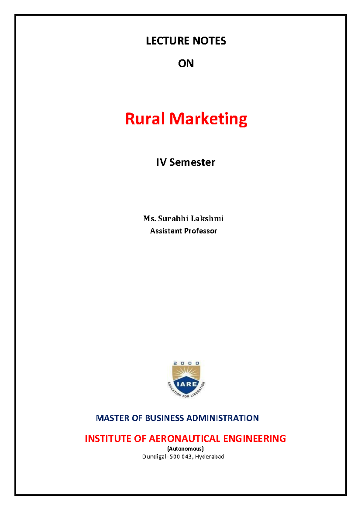 Rural Marketing - LECTURE NOTES ON Rural Marketing IV Semester Ms ...