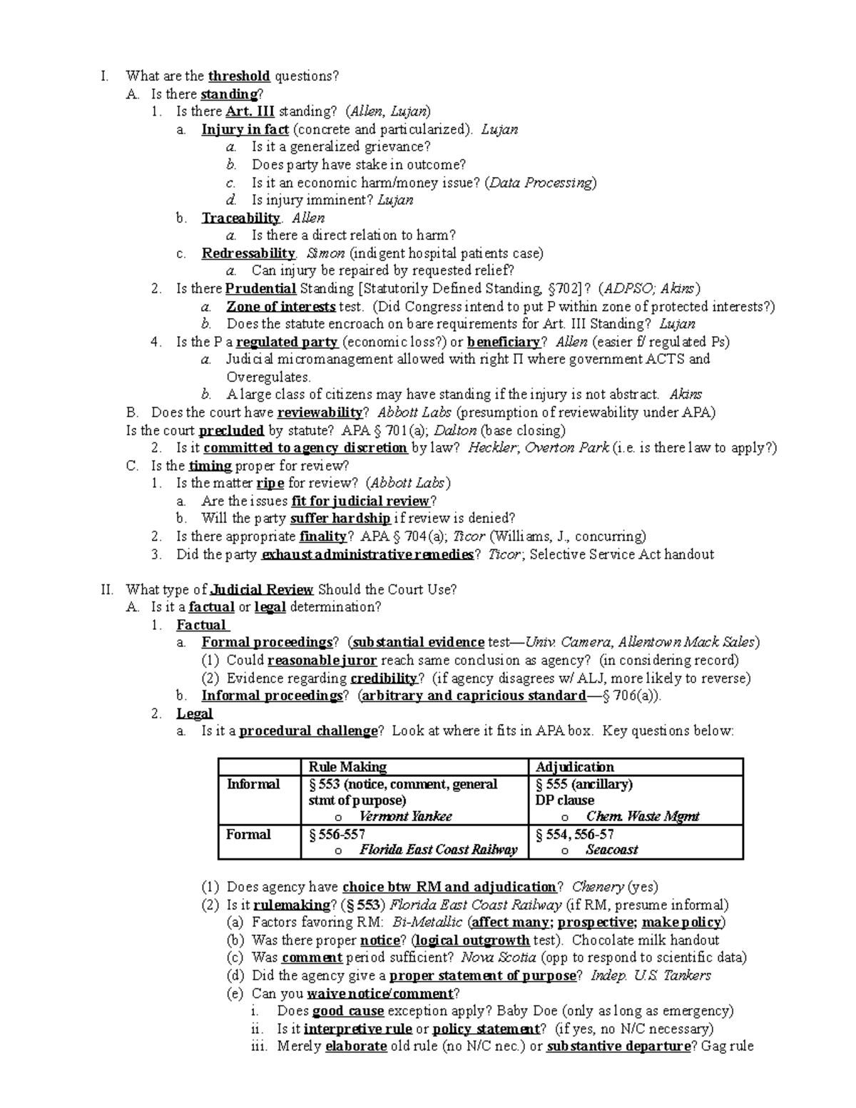 275340334 Administrative Law Checklist 3 - I. What are the threshold questions? A. Is there ...