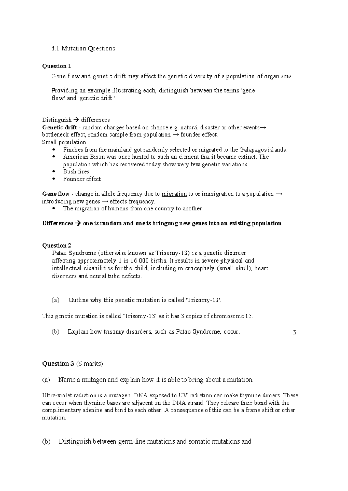 6.1 Mutation questions - 6 Mutation Questions Question 1 Gene flow and genetic drift may affect ...