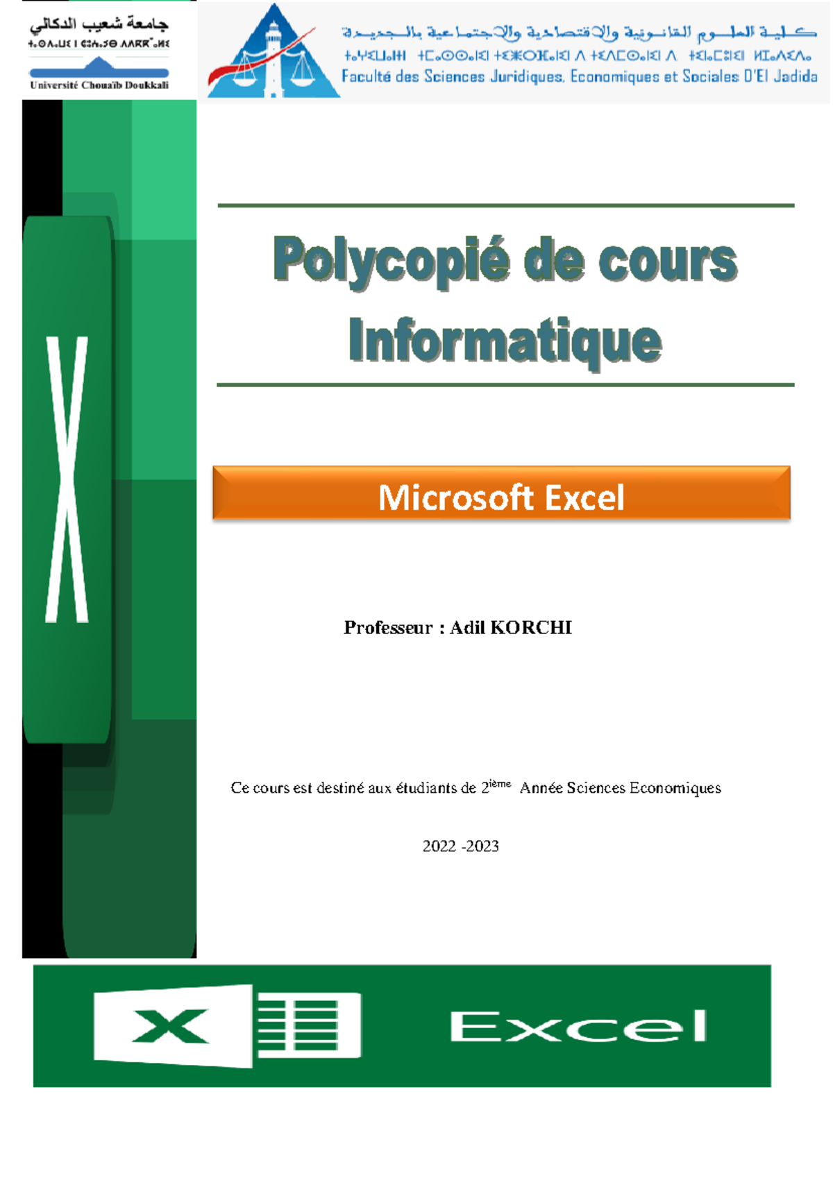 Polycopié Informatique Excel - Professeur : Adil KORCHI Ce cours est ...