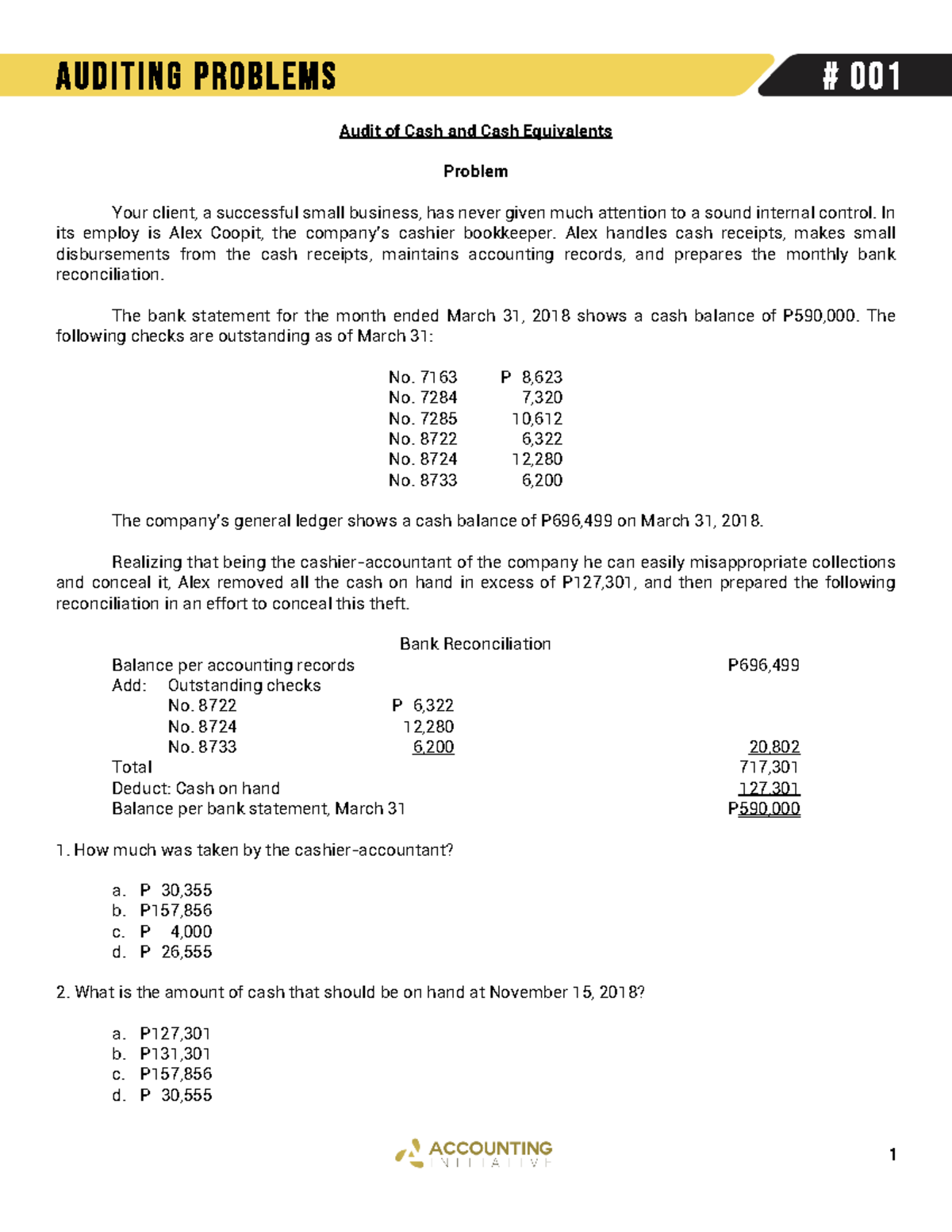 Auditing Problems - 001 - Auditing Problems # 001 1 Audit of Cash and ...