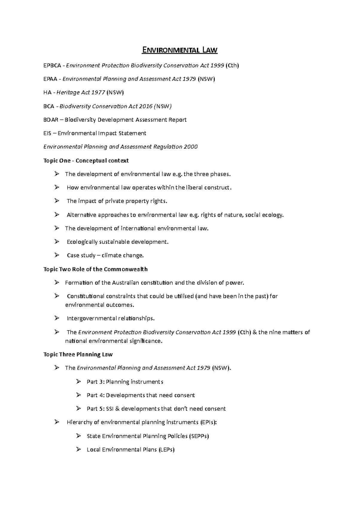 Environmental Law Exam prep - E NVIRONMENTAL LAW EPBCA - Environment ...