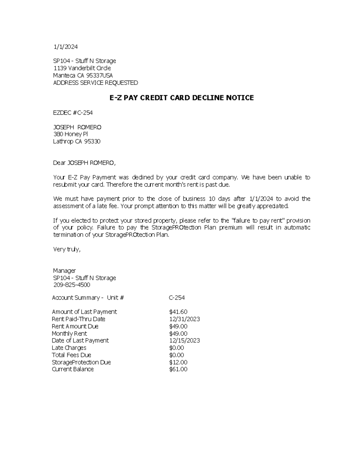 SP104 - Stuff N Storage - Credit Card Decline Notice - 1299-2 - 1/1 ...