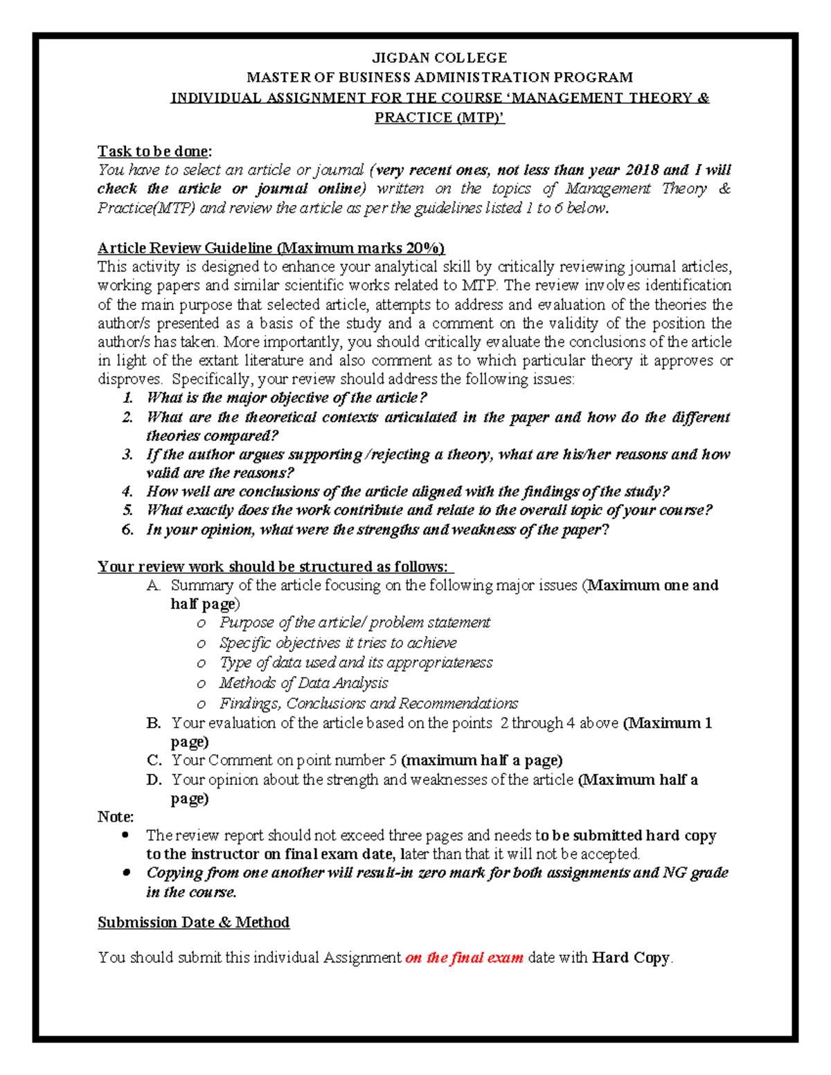 MTP Individual Assignment JDC - JIGDAN COLLEGE MASTER OF BUSINESS ADMINISTRATION PROGRAM ...