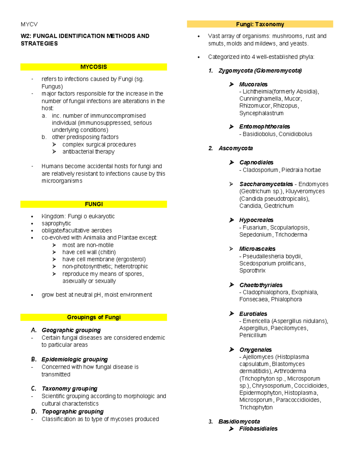 W2 - Fungal Identification Methods AND Strategies - MYCV W2: FUNGAL ...