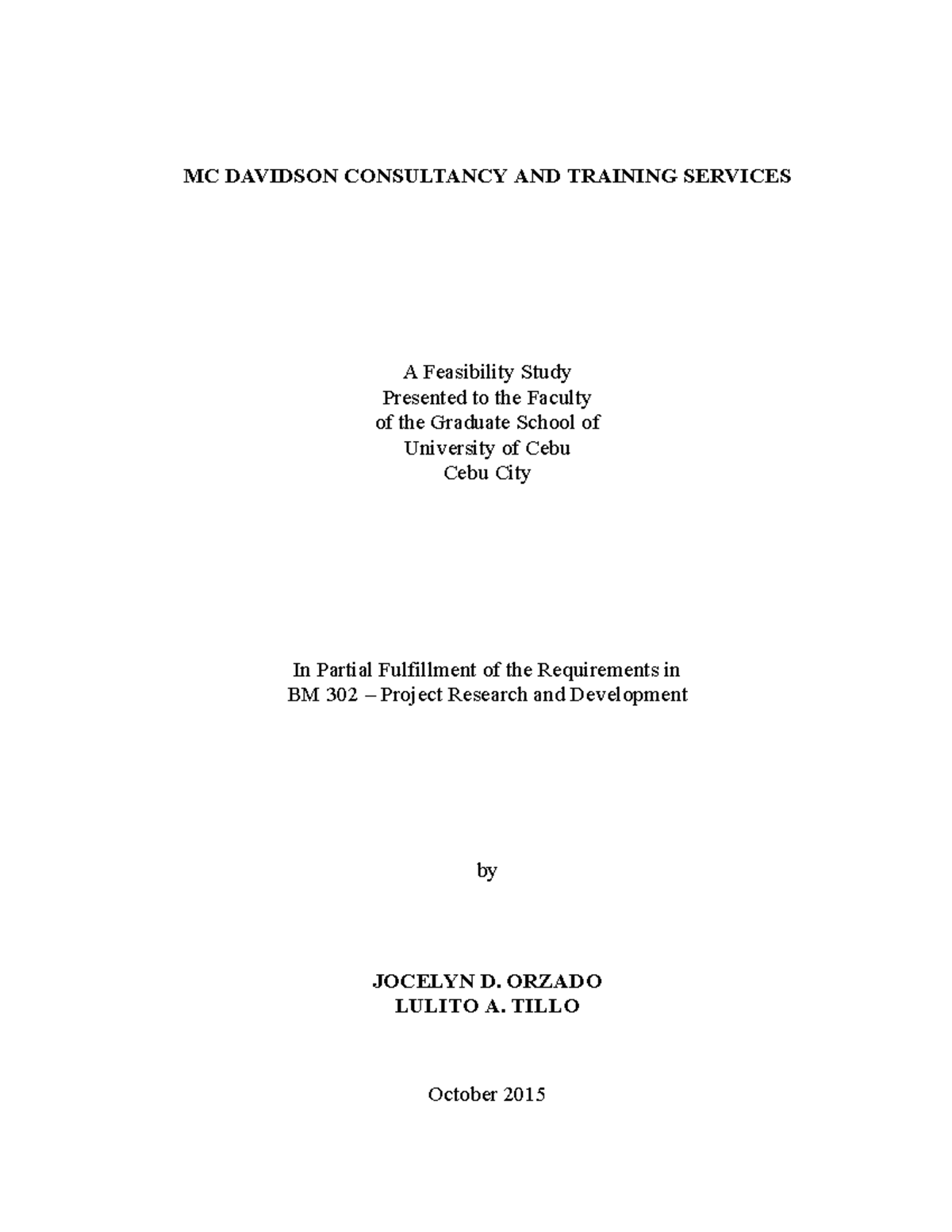 Feaibility Format - feasibility study - MC DAVIDSON CONSULTANCY AND ...