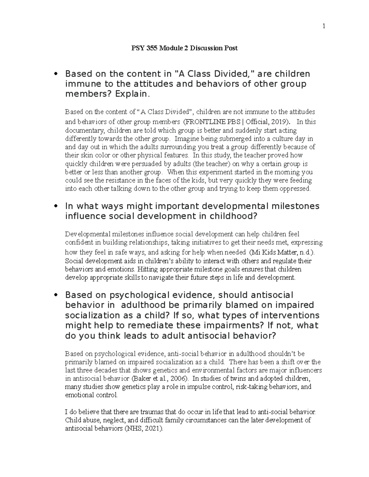 PSY 355 Module 2 Discussion Post - 1 PSY 355 Module 2 Discussion Post ...