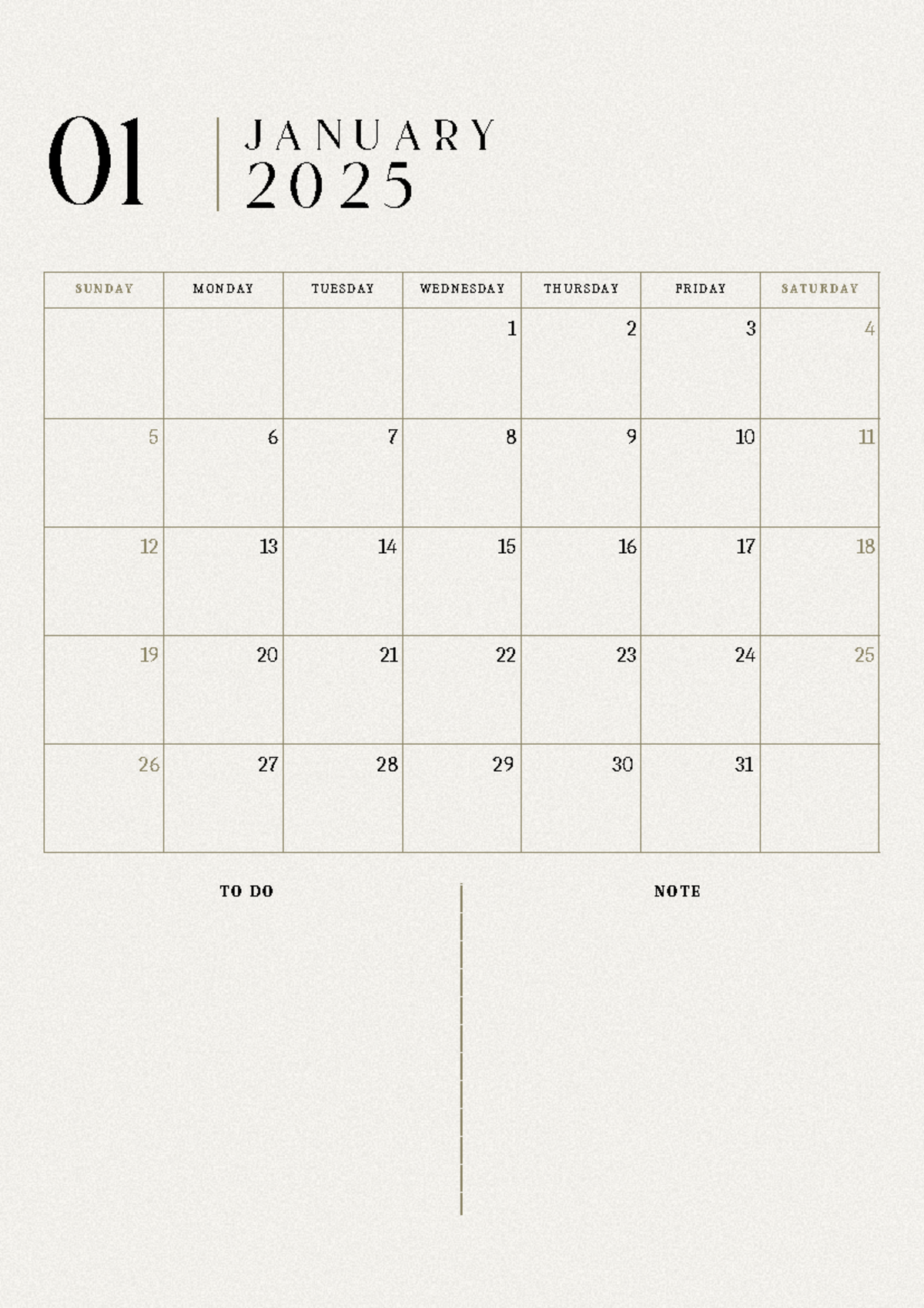 Cream and Black Classic Vintage 2025 Year Planner A4 - ####### J A N U ...