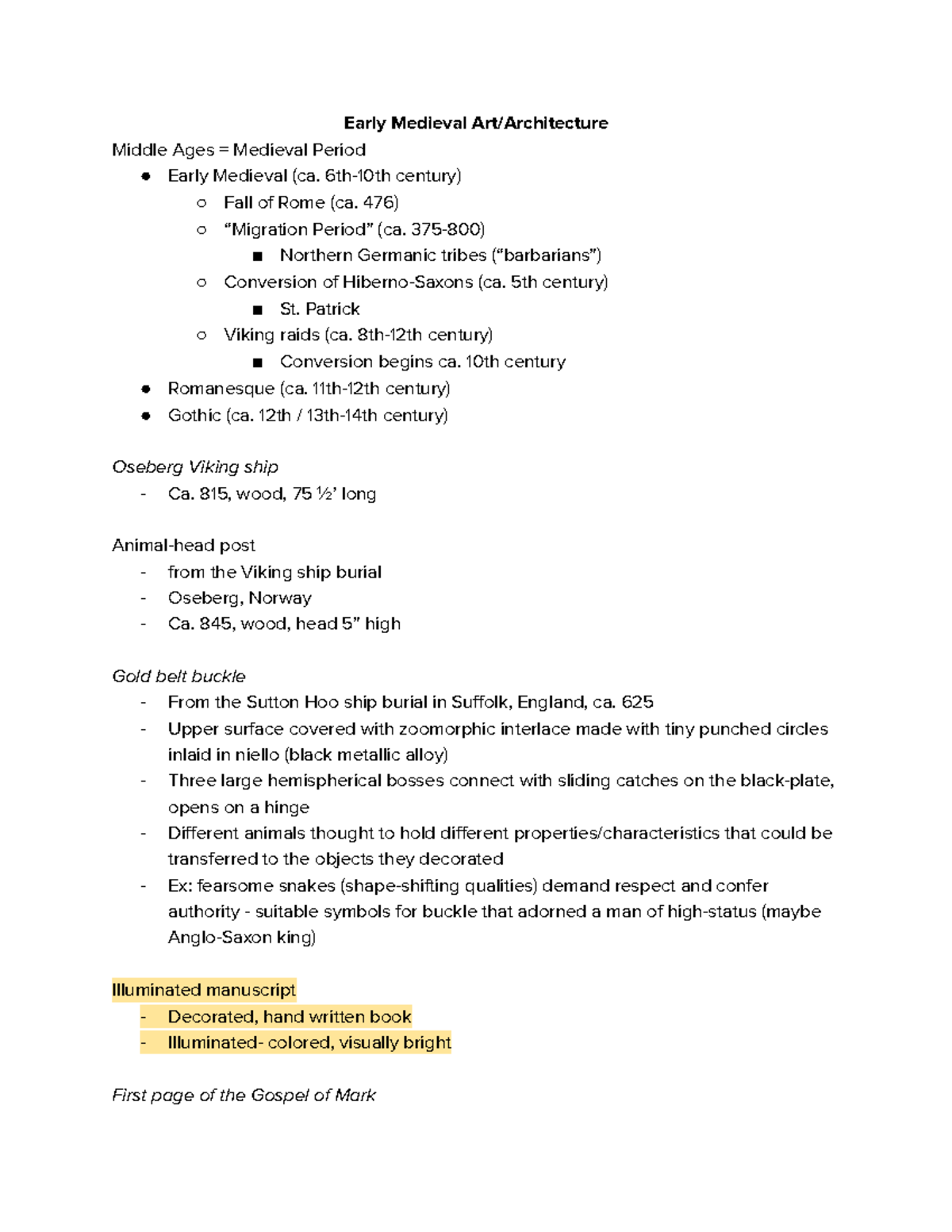 Week 9 Notes - Early Medieval Art/Architecture Middle Ages = Medieval ...