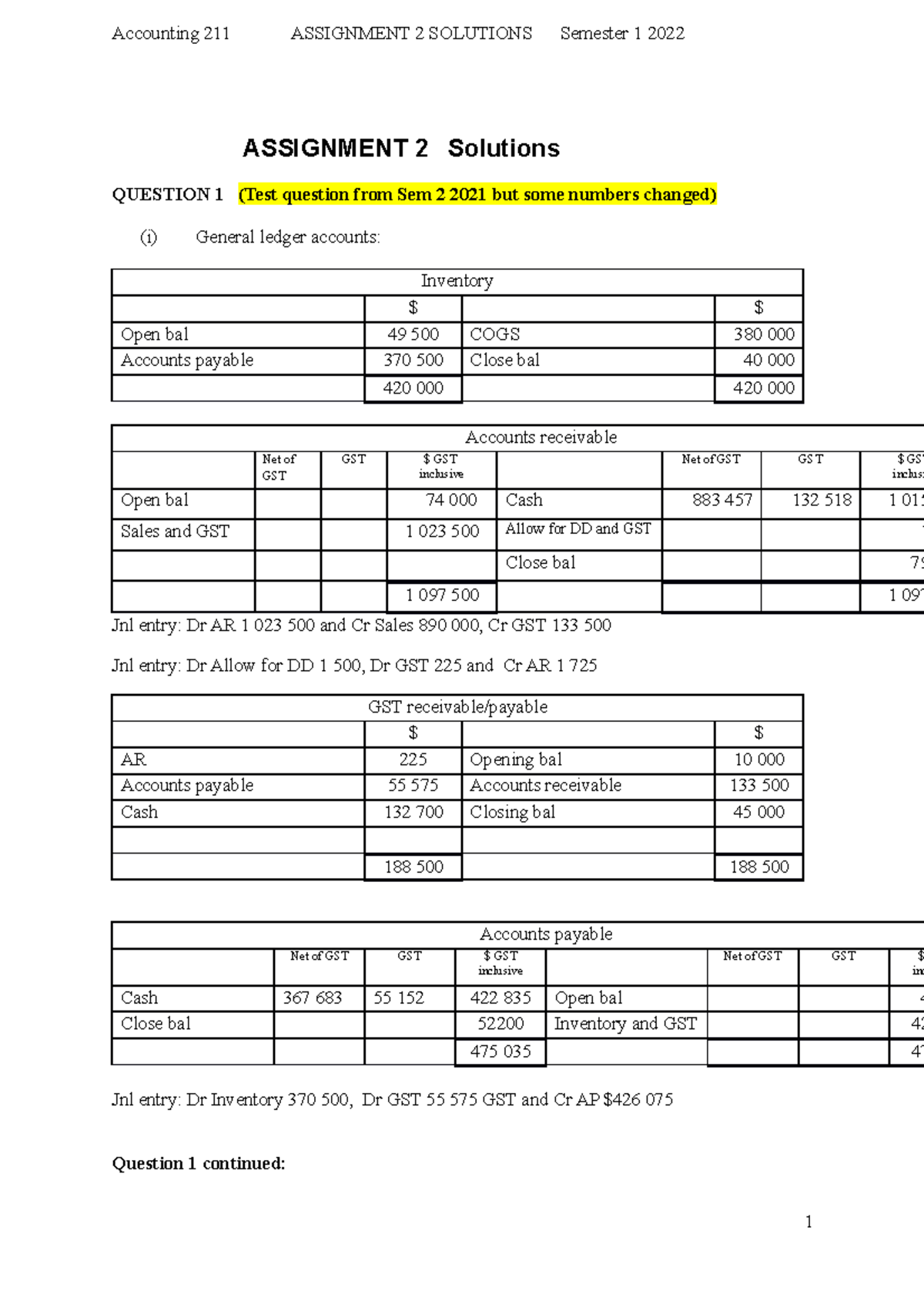 Assignment 2 Solutions - ASSIGNMENT 2 Solutions QUESTION 1 (Test ...