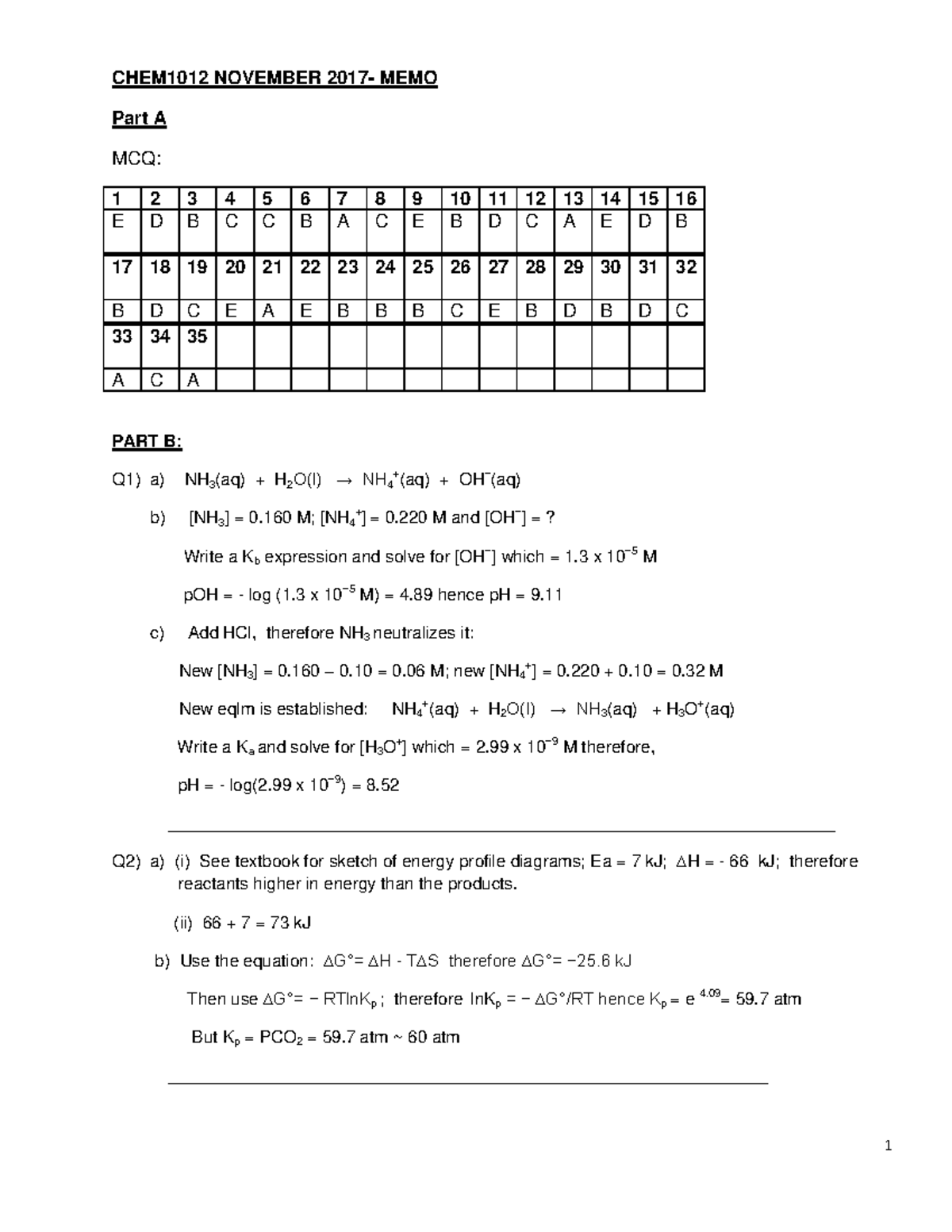 Exam 1 November 2017, answers - CHEM1012 NOVEMBER 2017- MEMO Part A MCQ ...